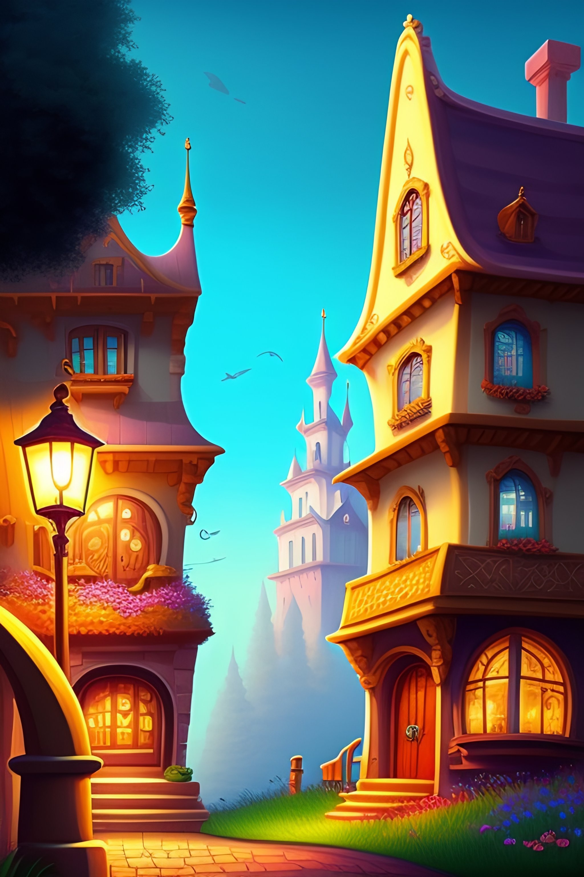 Lexica - Storybook cartoon fairytale town illustration,