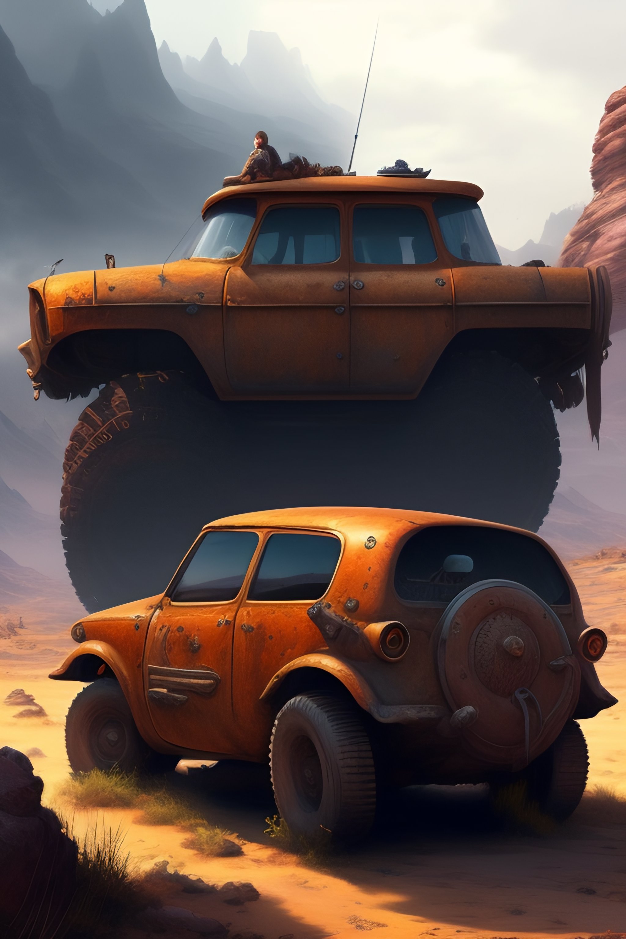 Lexica - Fantasy art of a post apocalyptic dwarf driving a rusted car