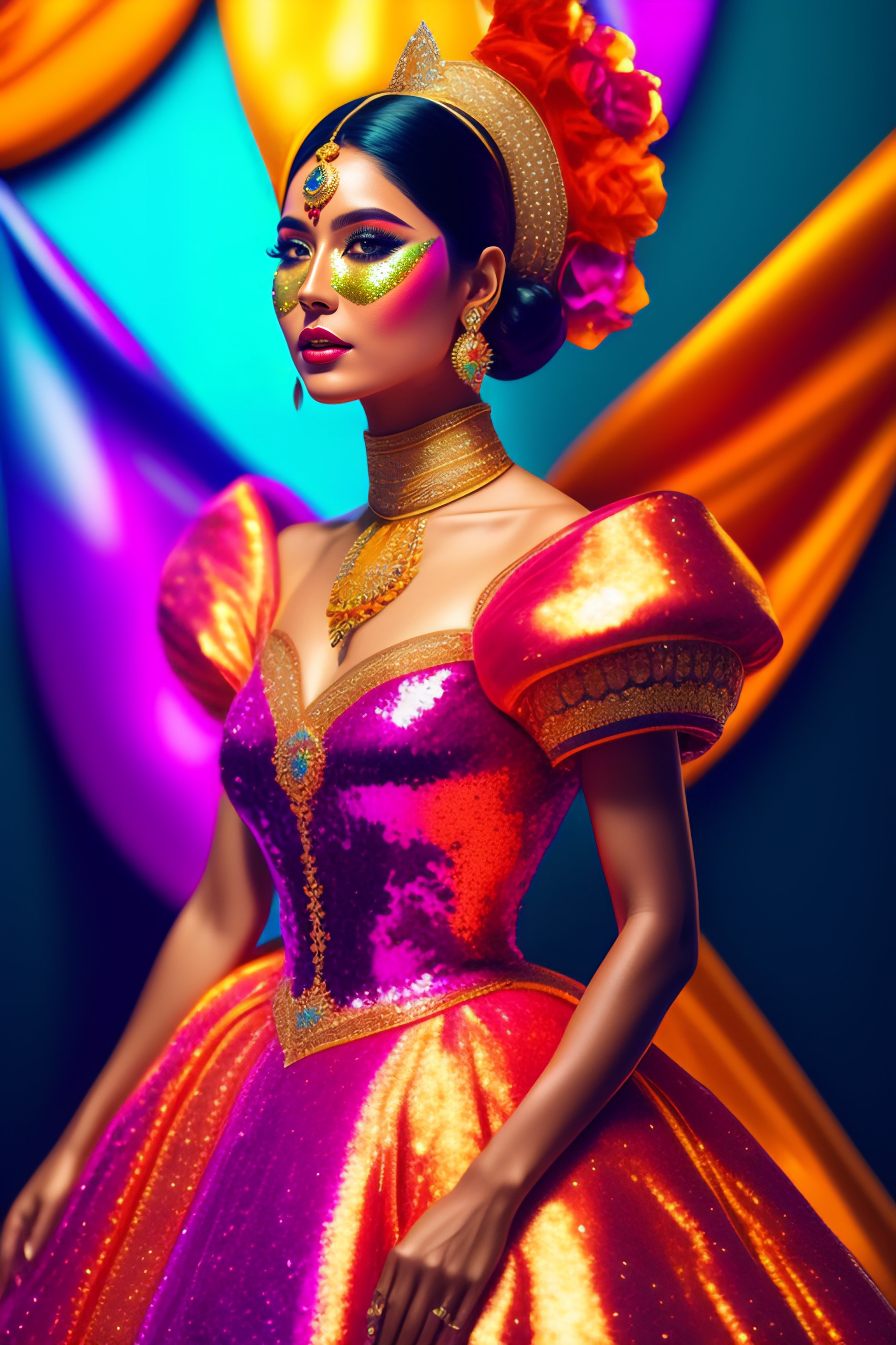 Lexica - A princess in a mask, a colorful sequin dress, a noble posture ...