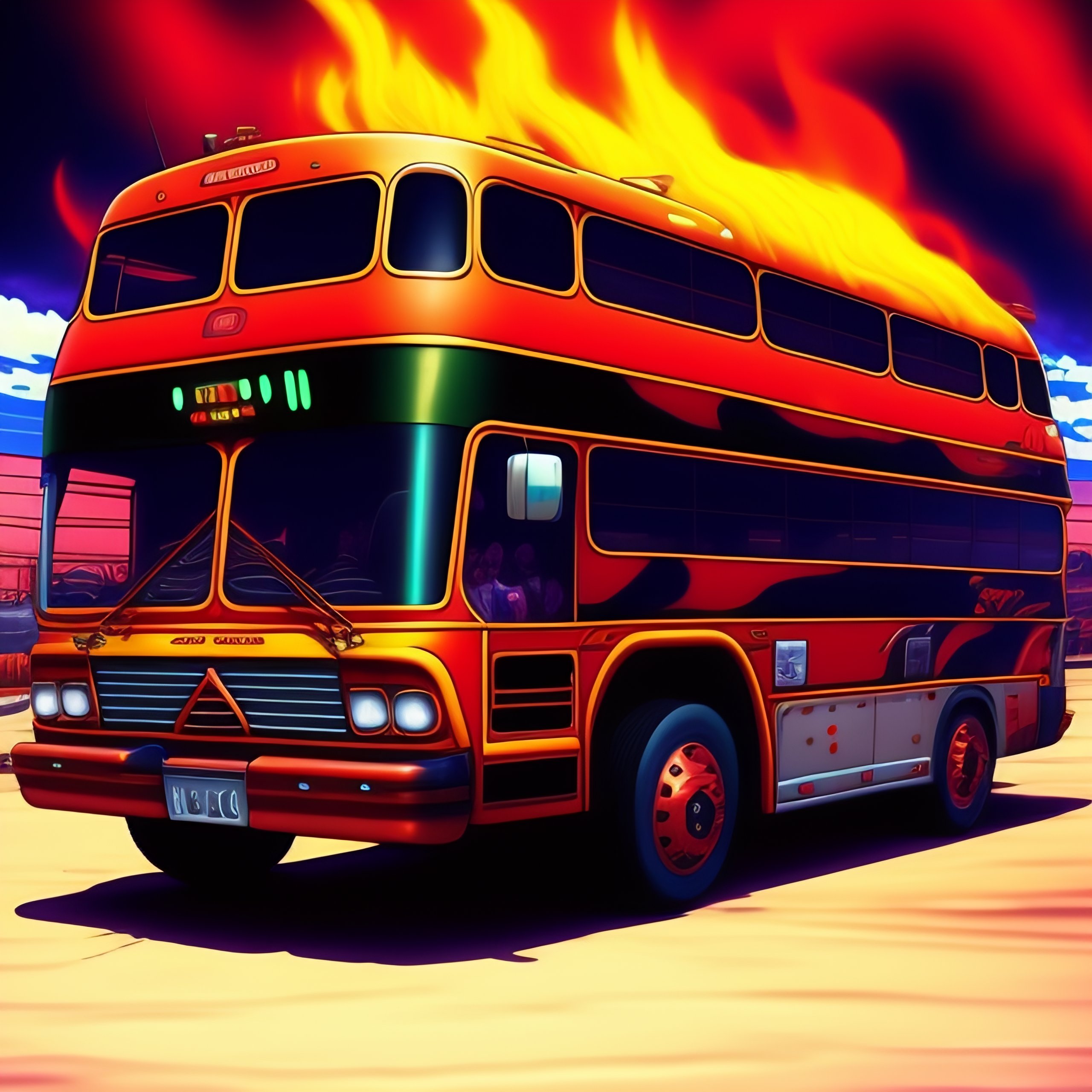Lexica - Vintage 90's anime style, twisted metal, clown bus, flames