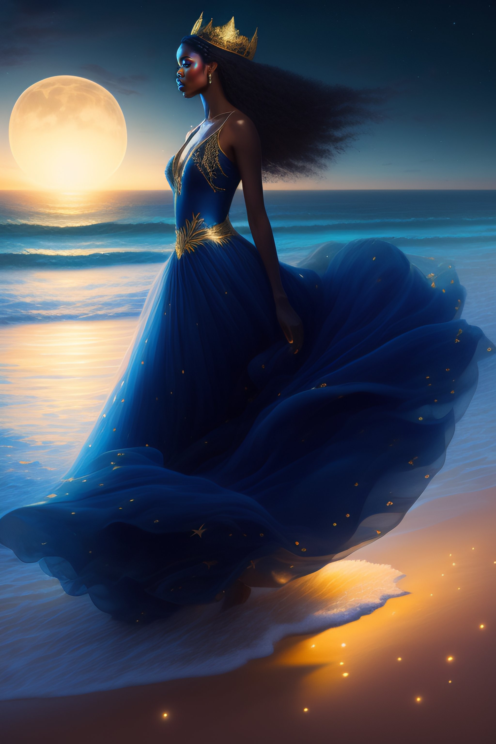 Lexica - Beautiful black princess wearing blue dress with gold crown ...