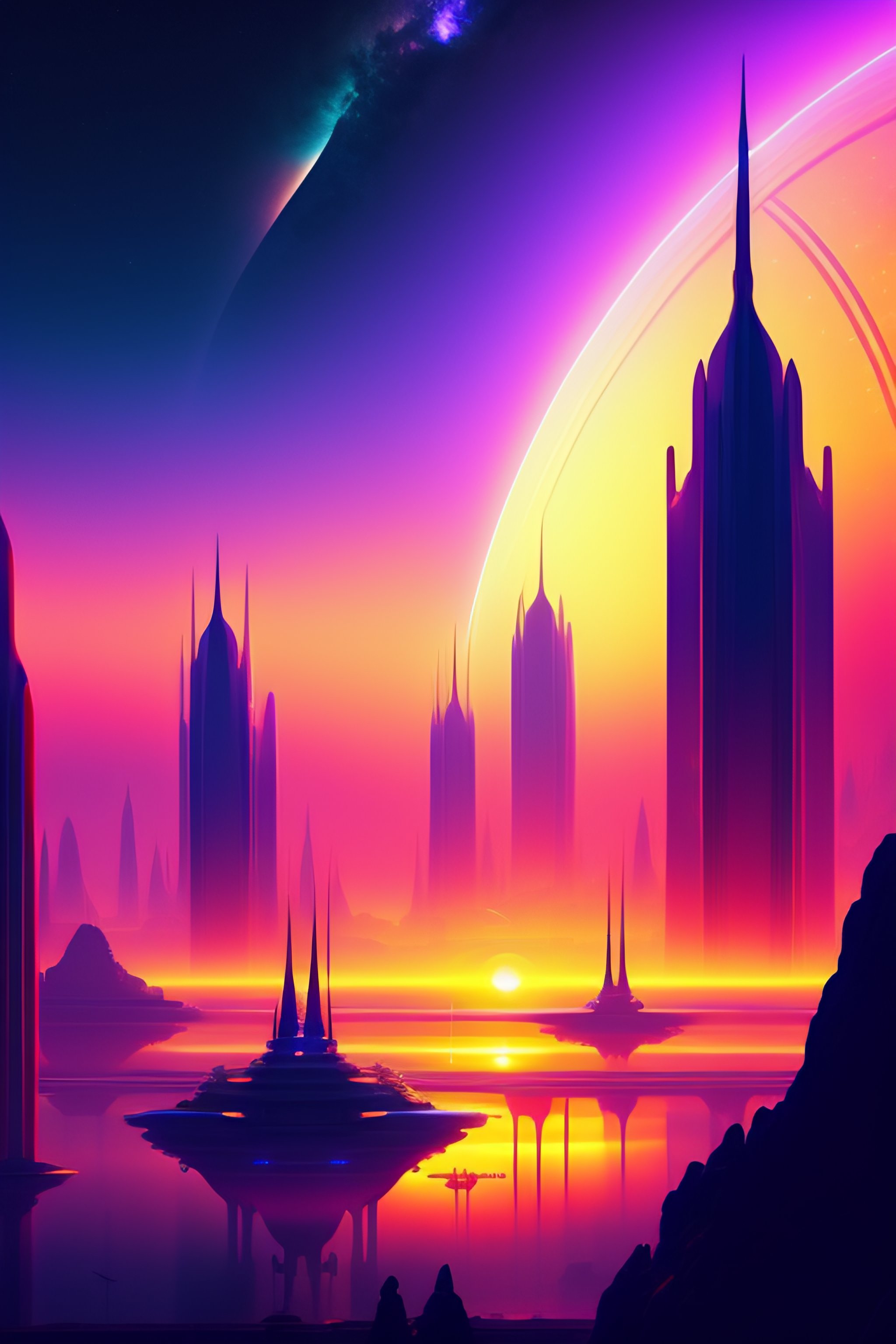Lexica - Futuristic space port, morning sunrise, planets on the horizon, medium shot, by Raphael ...