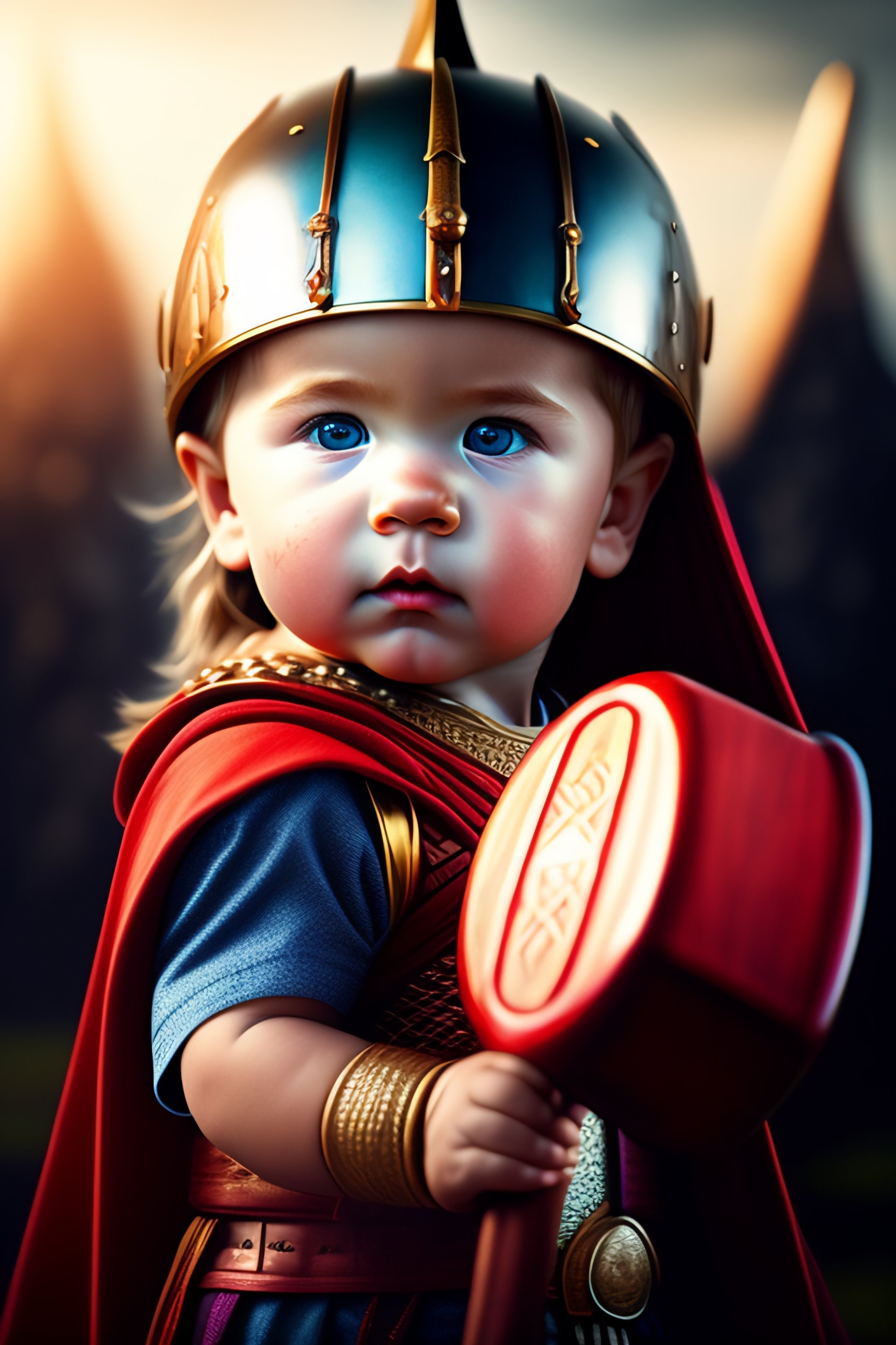 Lexica - Baby Thor, with traditional Viking helmet, holding his hammer ...