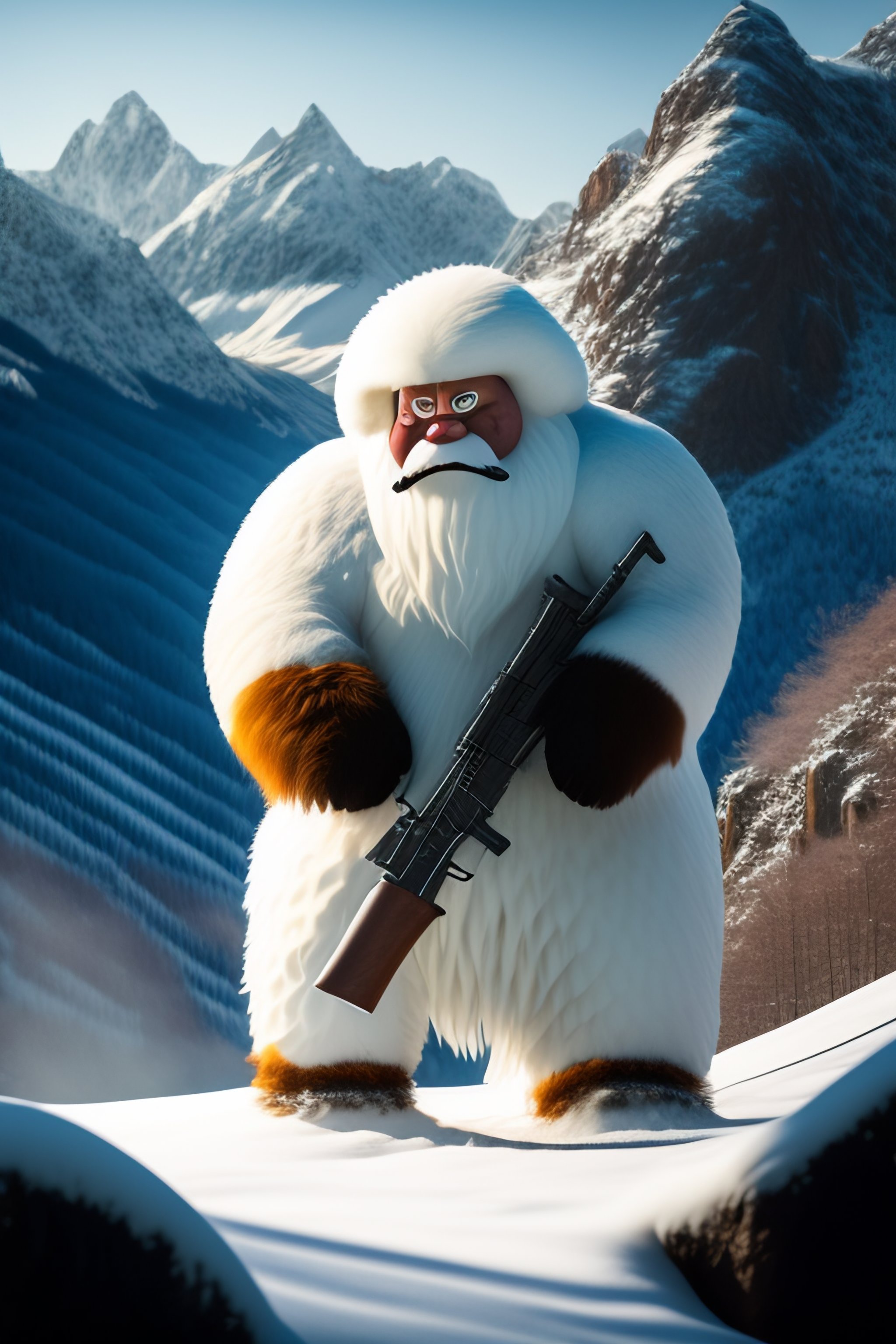 Lexica - Abominable snowman in the mountains holding a weapon