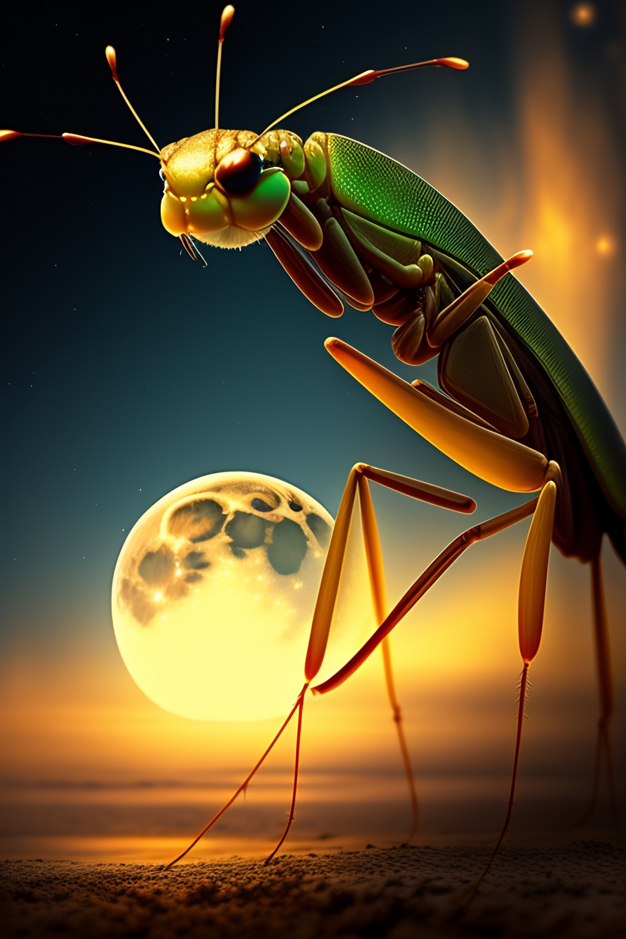 Lexica - An praying mantis in battle stance, in front of a double moon.