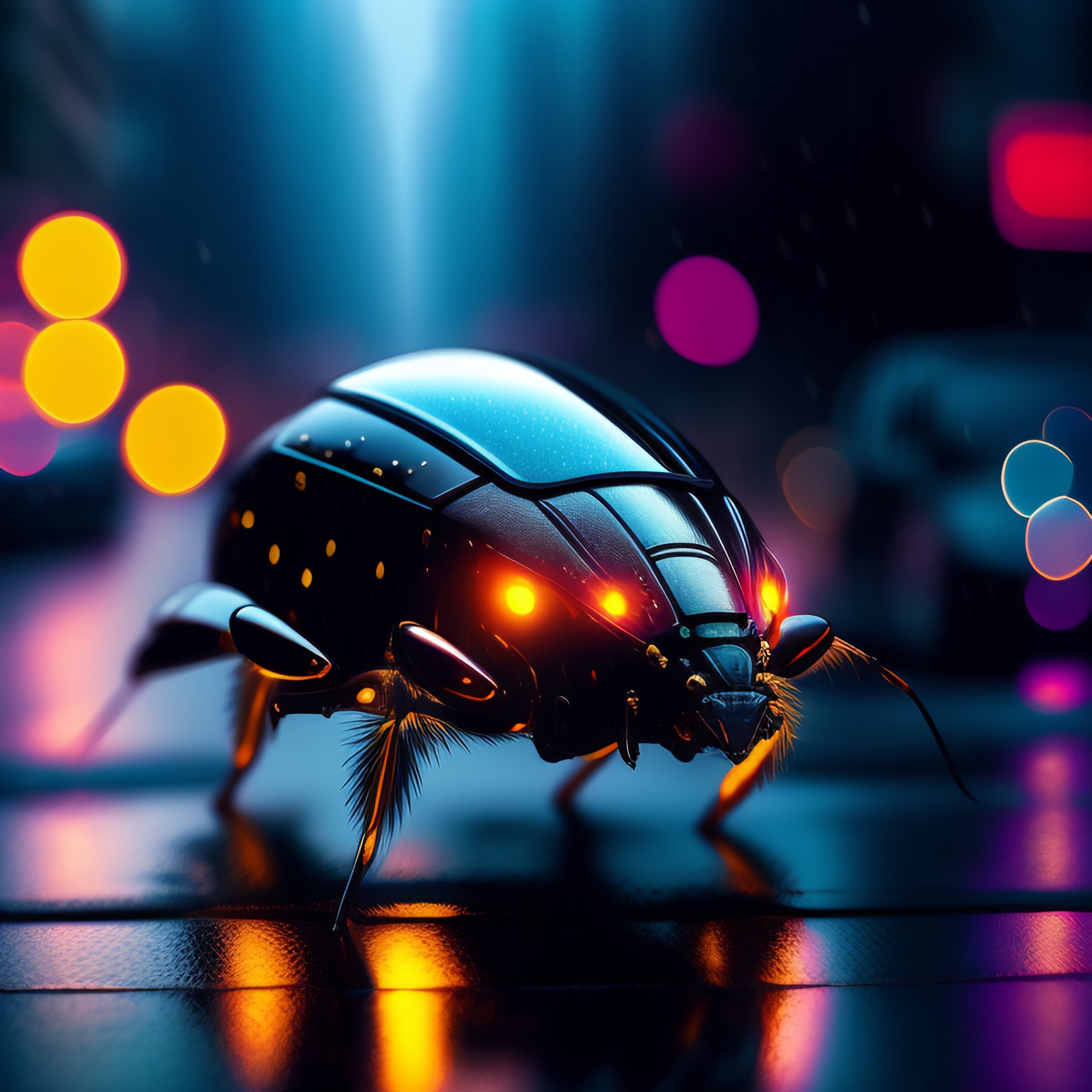 Lexica - Illustration of a metal cyborg bug walking on a wet rainy ...