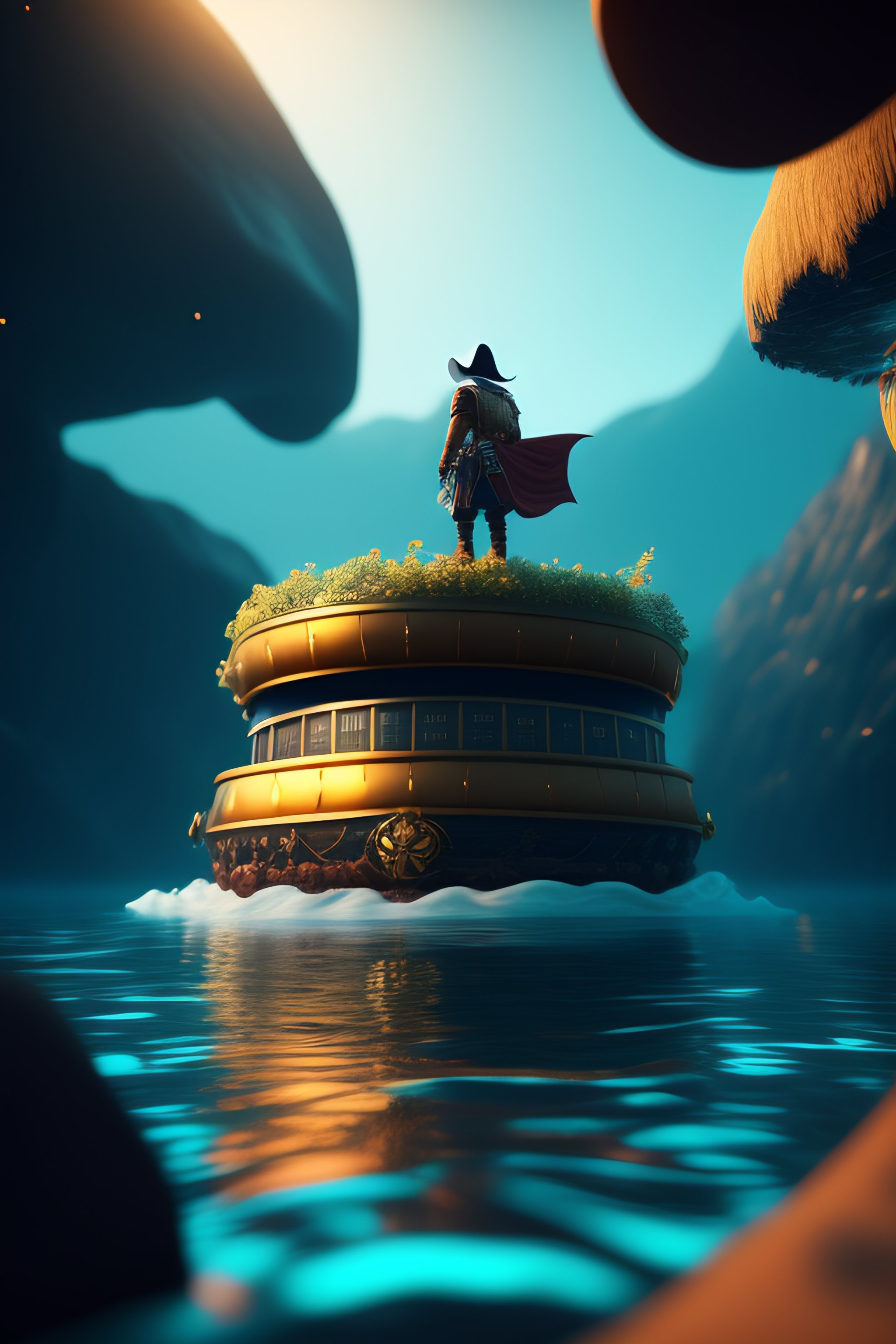 Lexica - A pirate floating on a raft in the middle of the sea, torn ...
