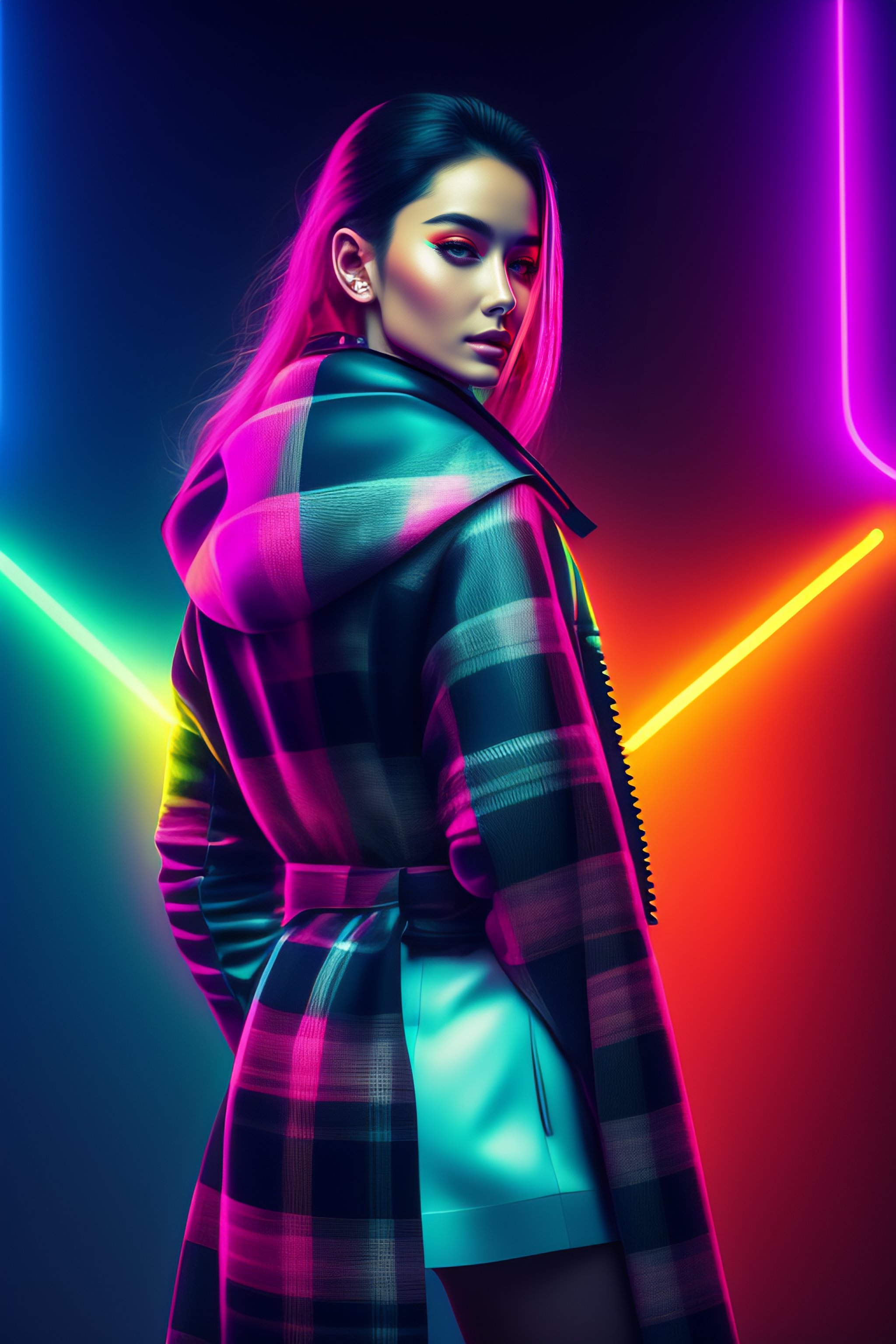Lexica - Girl wearing a tartan scarf with a futuristic neon outfit ...
