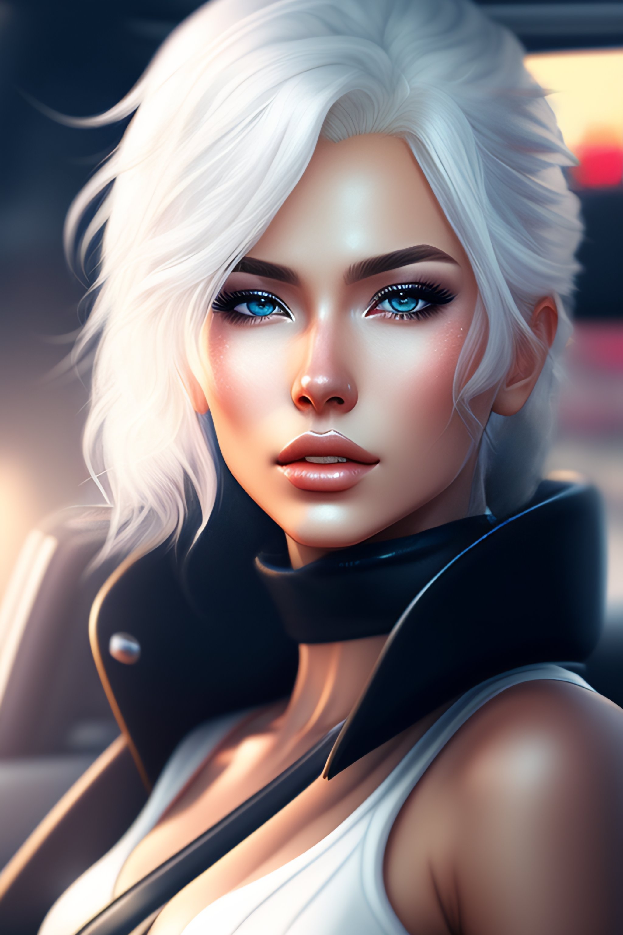 Lexica - Full body anime style model girl white hair car driving ...