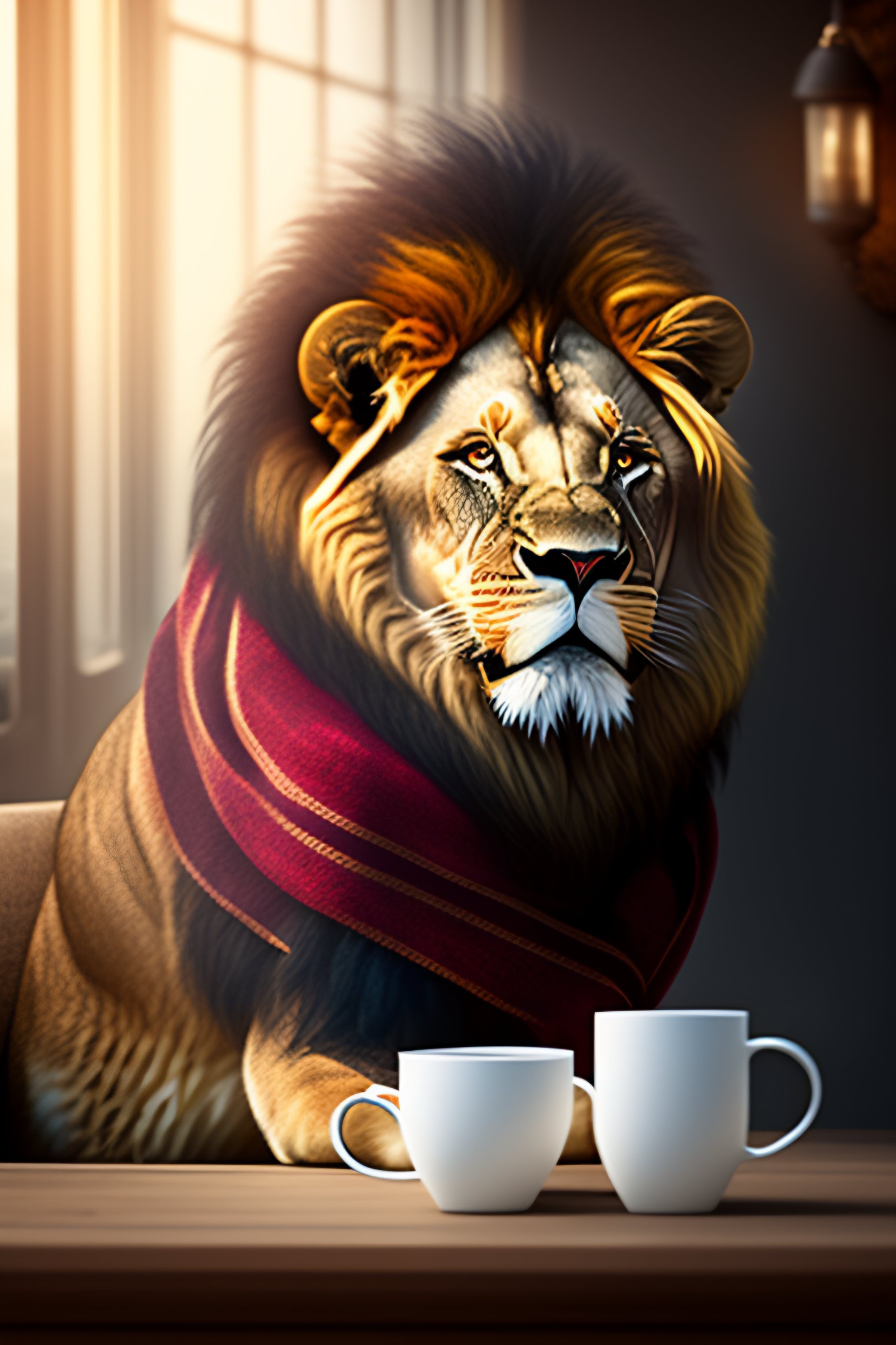 Lexica - A lion with a scarf drinking steaming tea