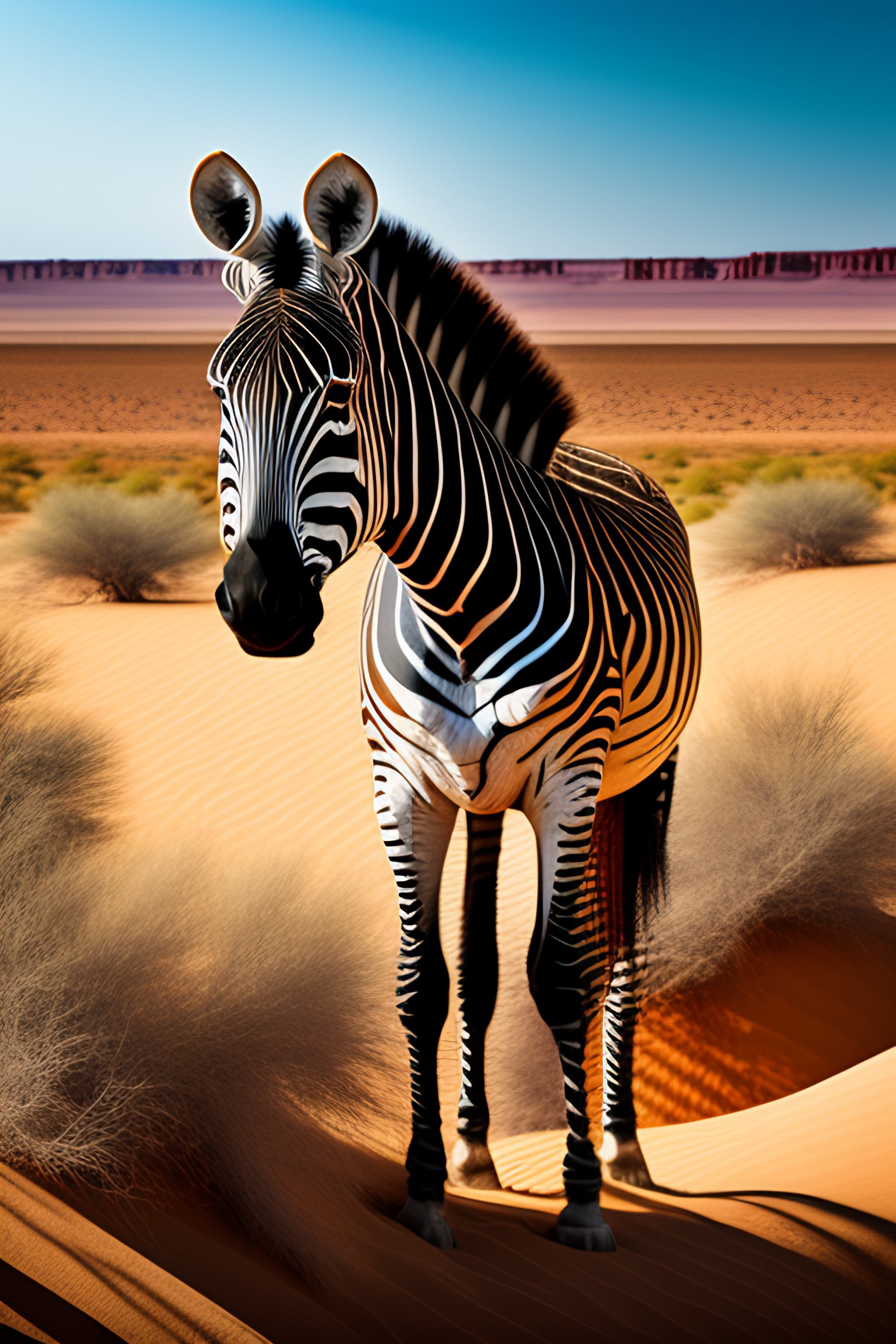Lexica - Zebras face,sitting ,desert, bush, river