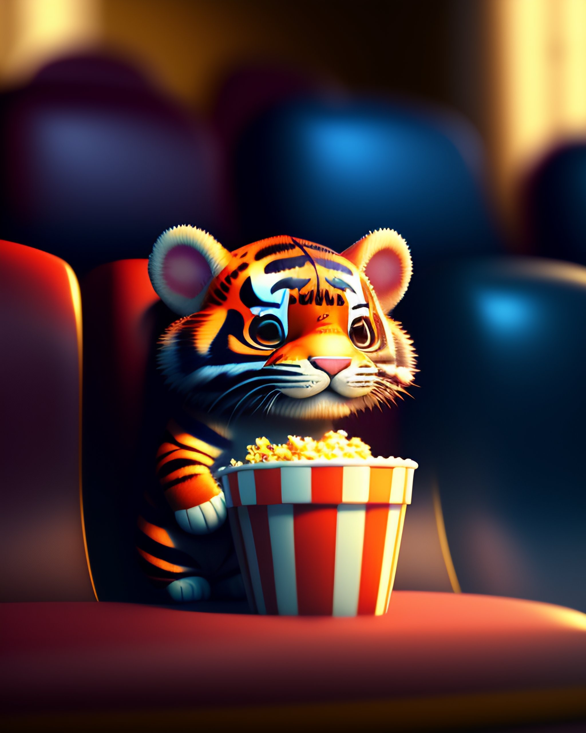 Lexica - Cute small tiger sitting in a movie theater eating popcorn ...