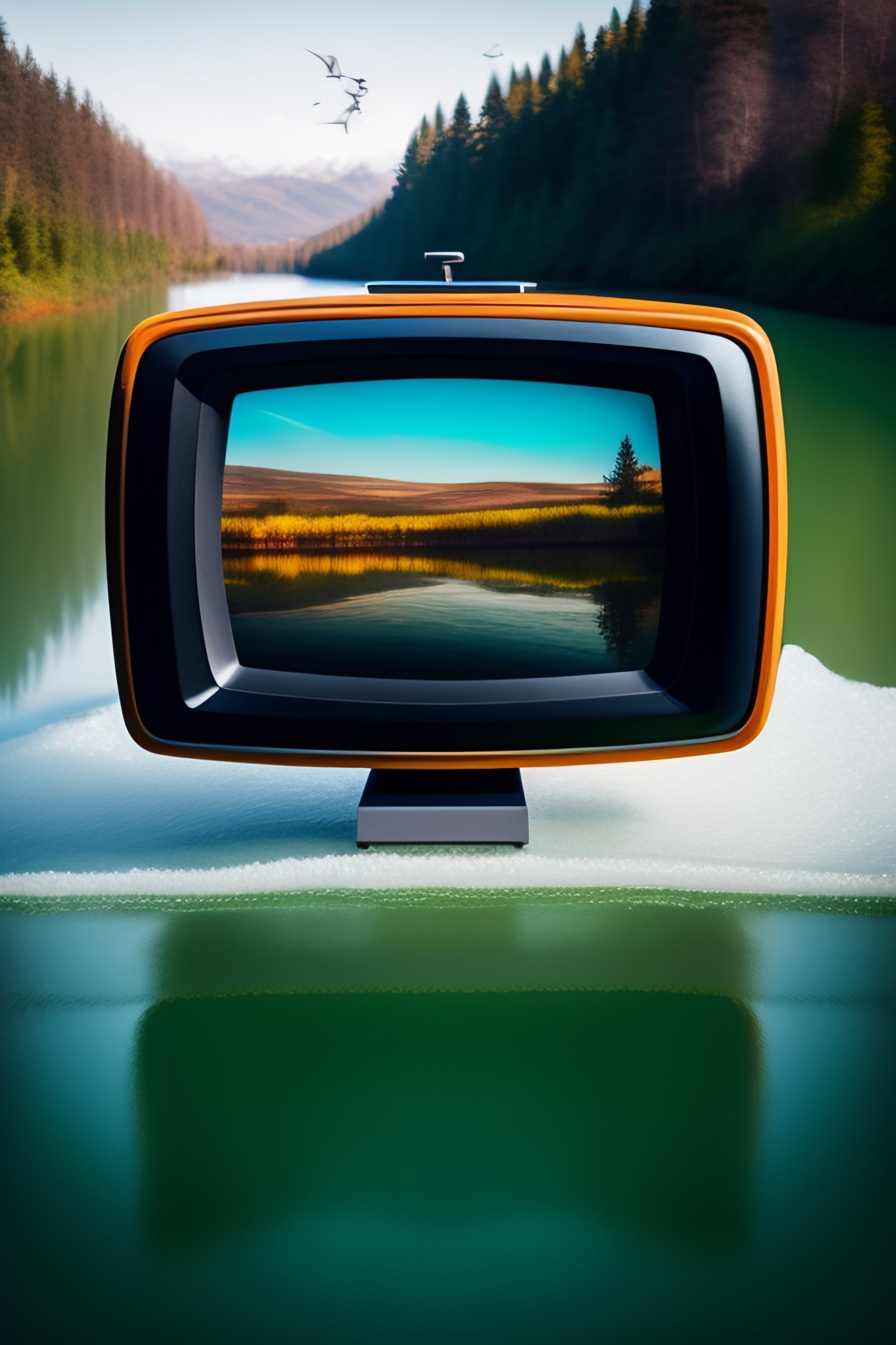 Lexica - A television flying above a river