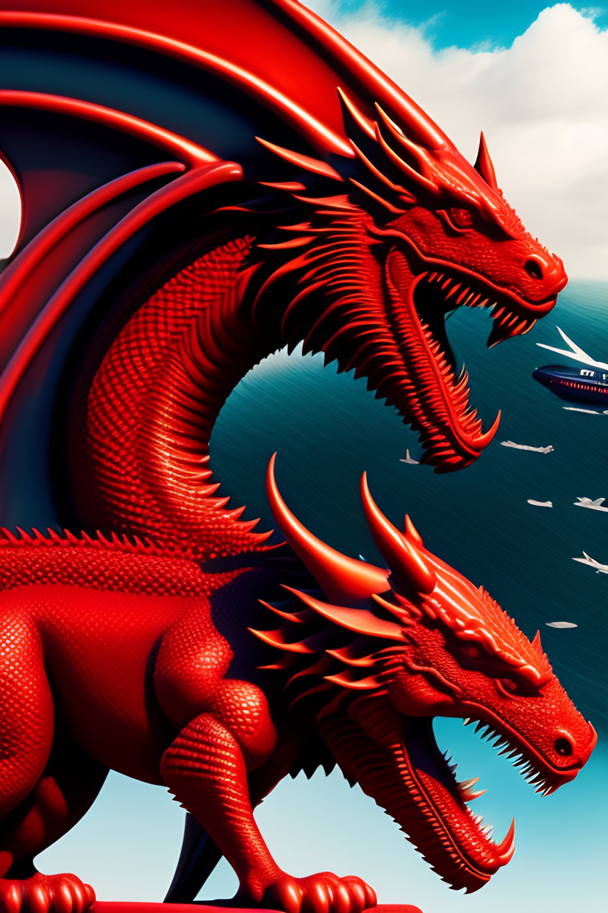 Lexica - A red dragon seeing an airplane in a mosaic