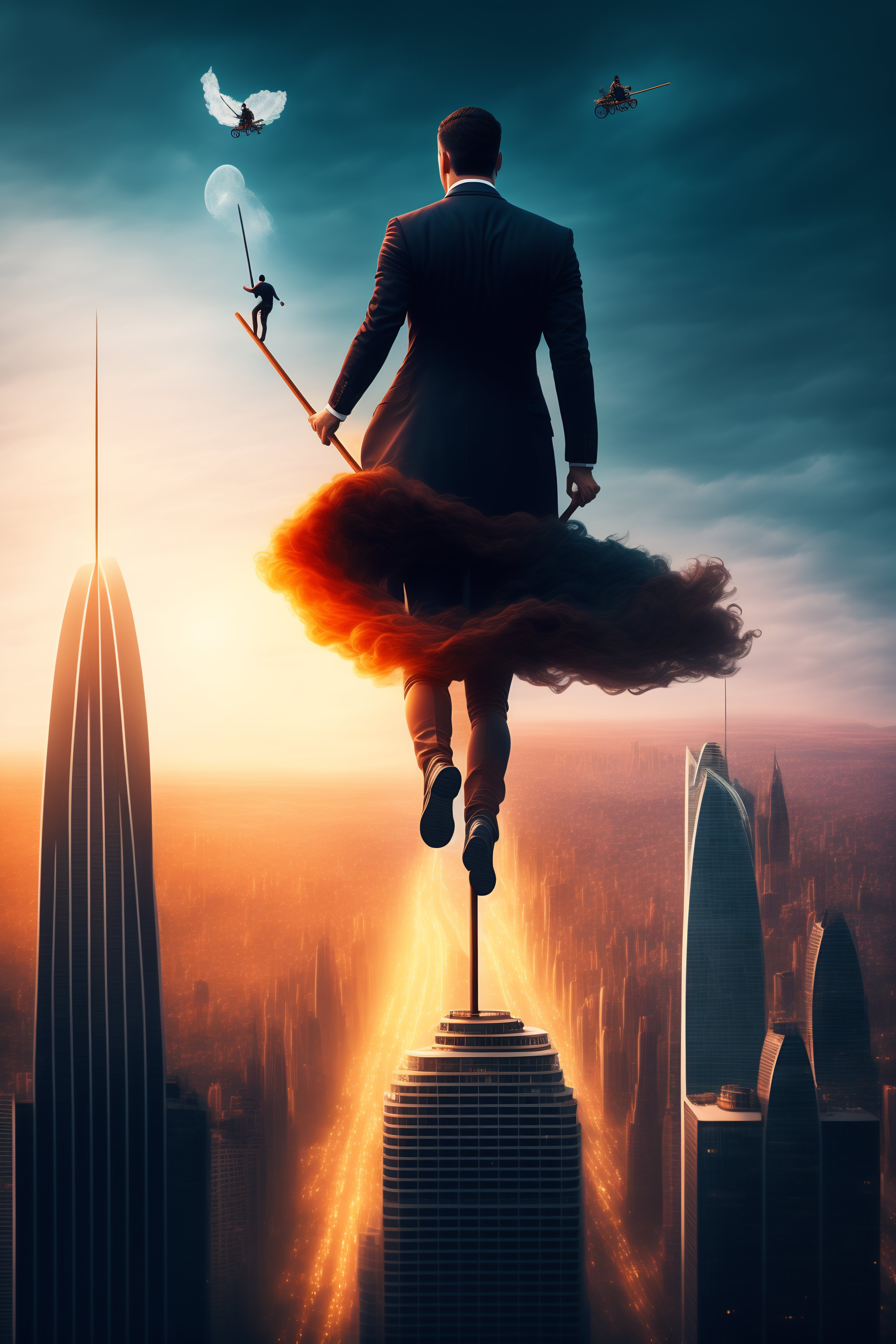 Lexica - Man riding a broomstick over the city flying