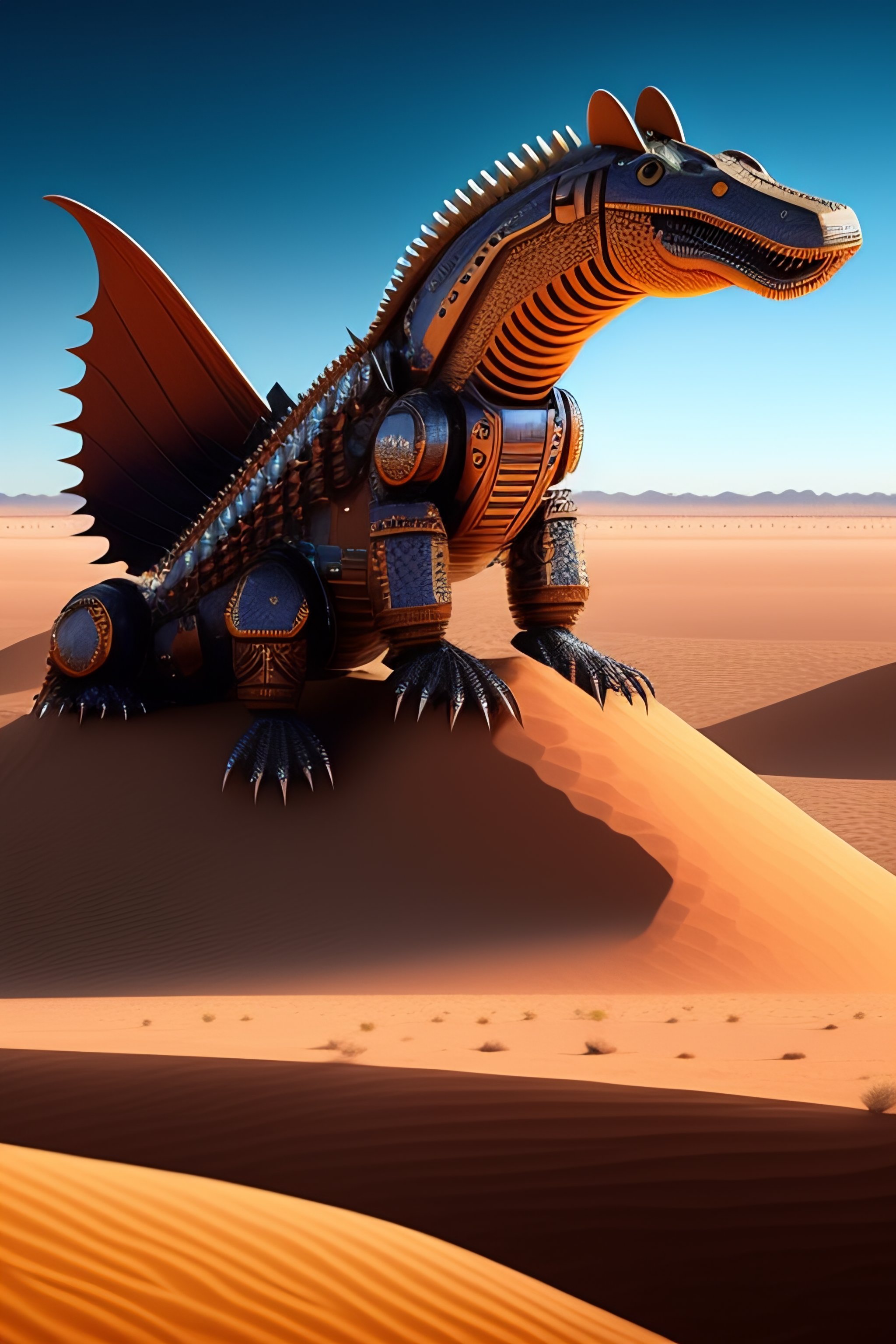 Lexica - A robot alligator with wings in the middle of an empty desert