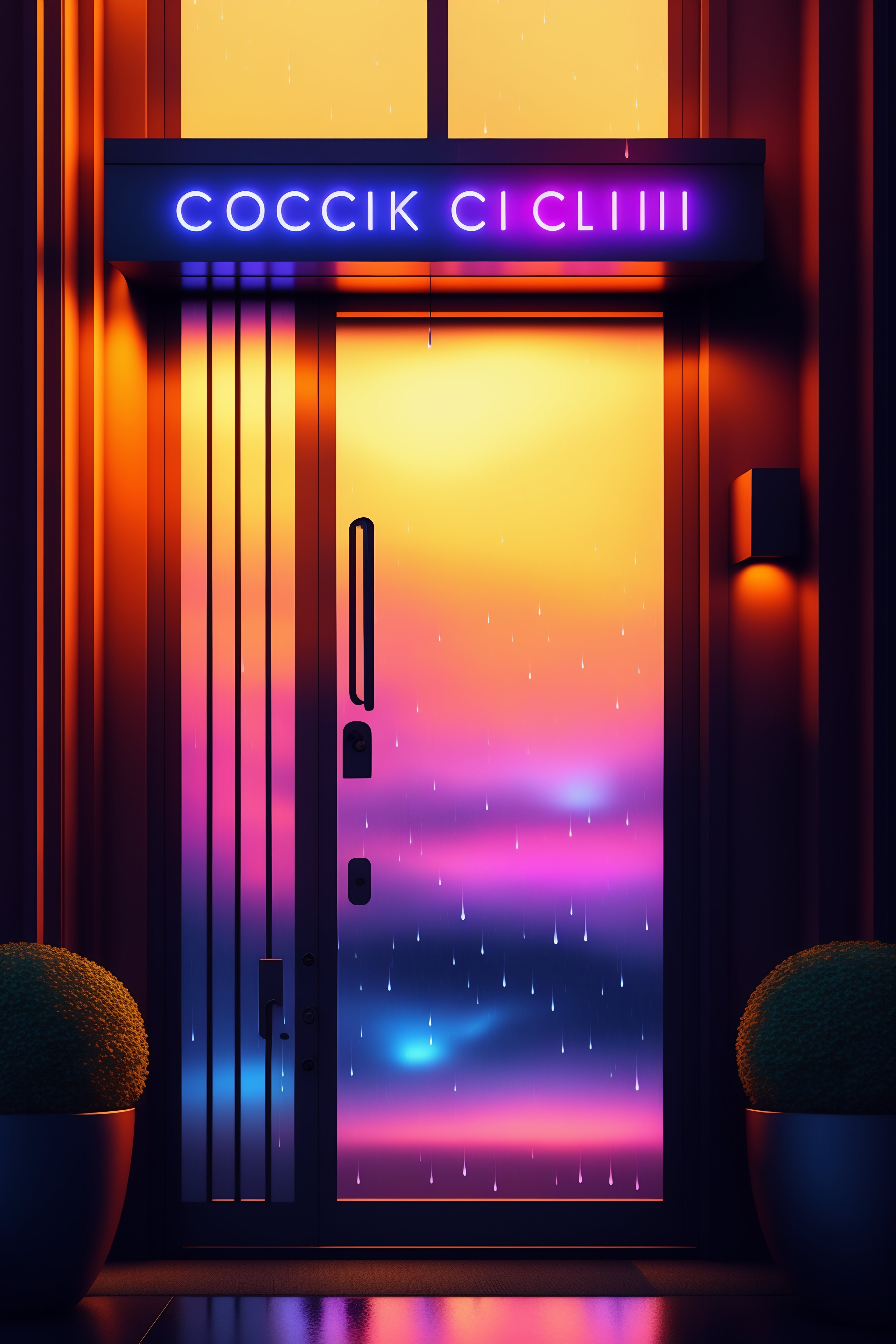 Lexica - Cocktail club door outside, its raining, cyber, neon digns ...