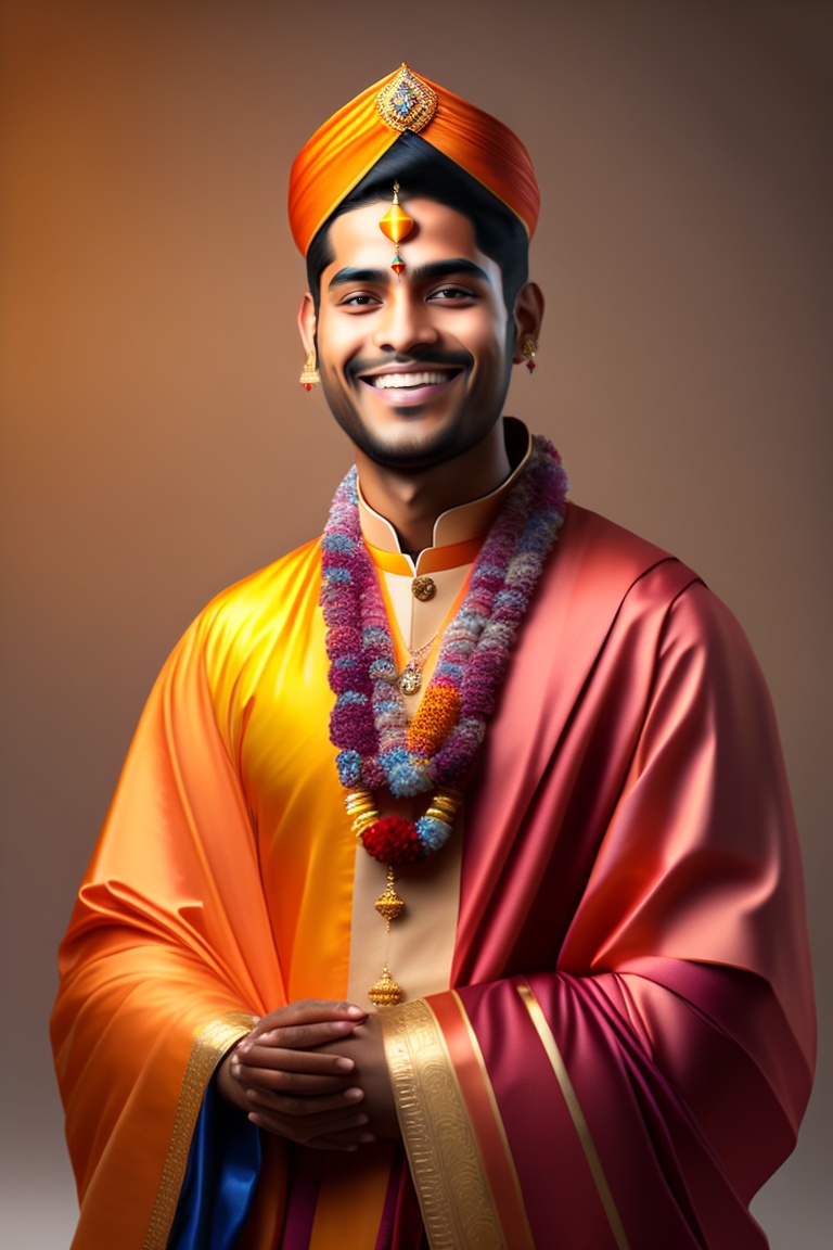 Lexica - A potrait of young indian priest wearing saffron colour ...