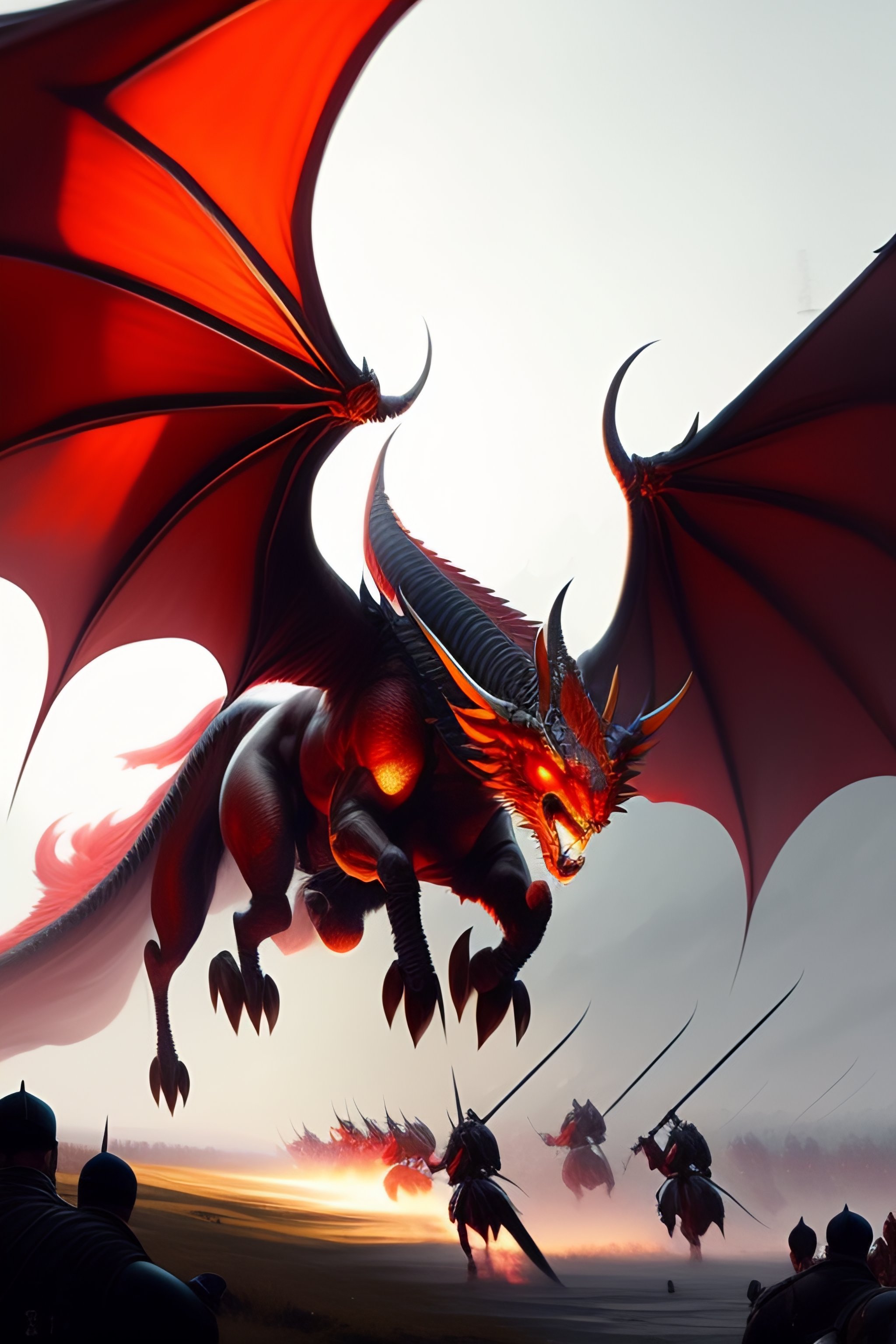 Lexica - A red dragon landing on fleeing medieval infantry, by greg ...