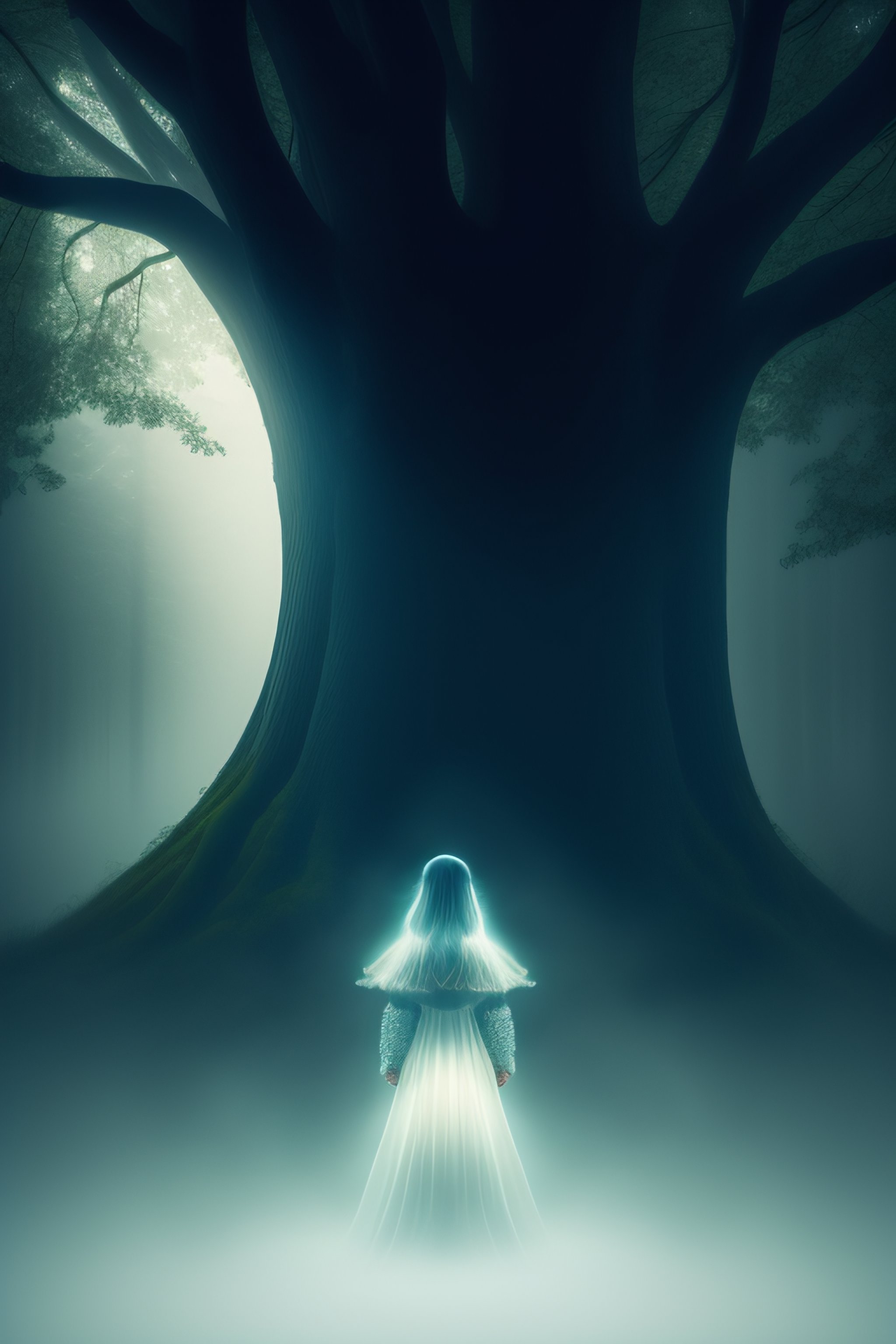 Lexica - Ghostly girl peeking from behind a tree in a dark foggy forest