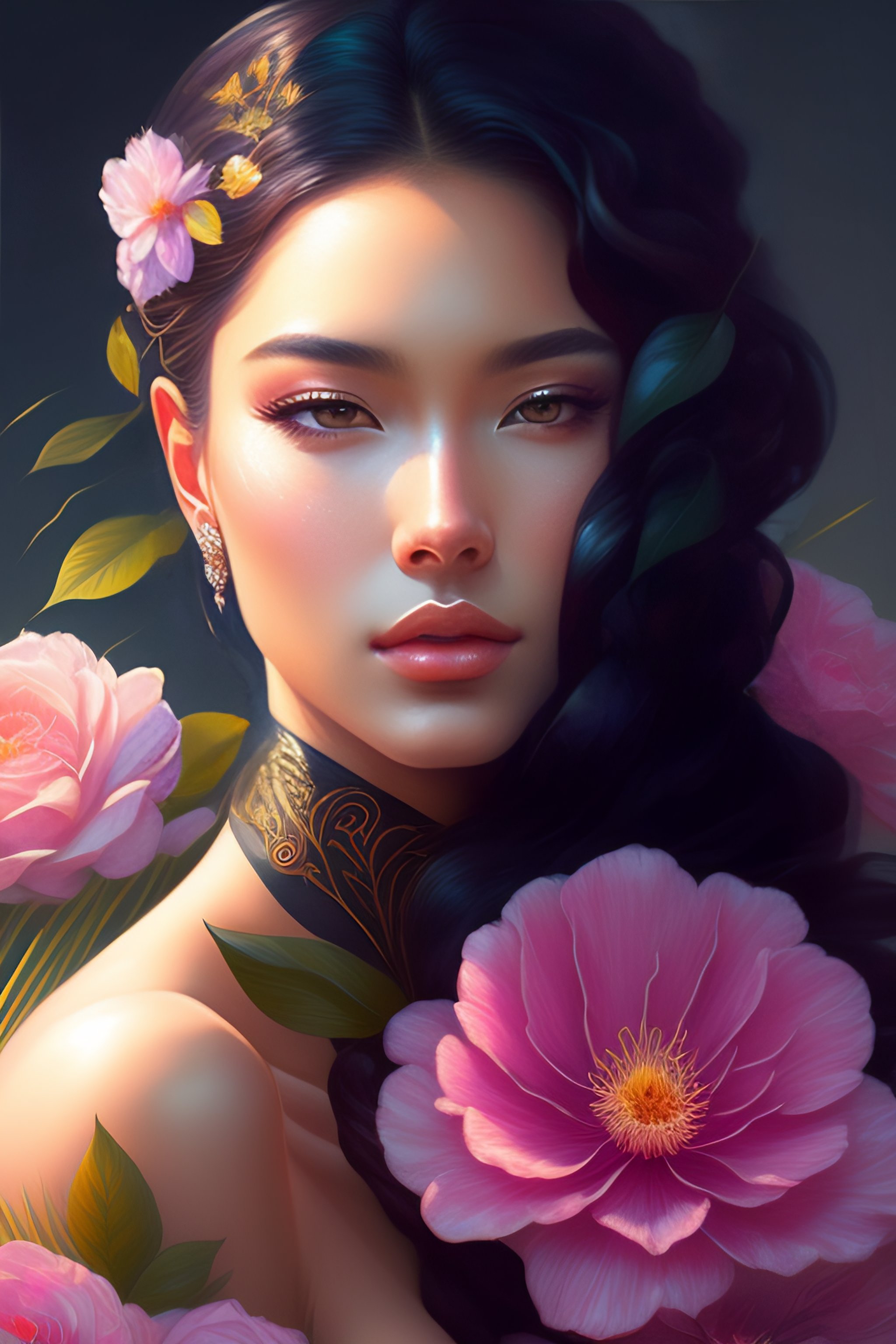 Lexica - Surreal beautiful young woman, sitting with flowers, detailed ...