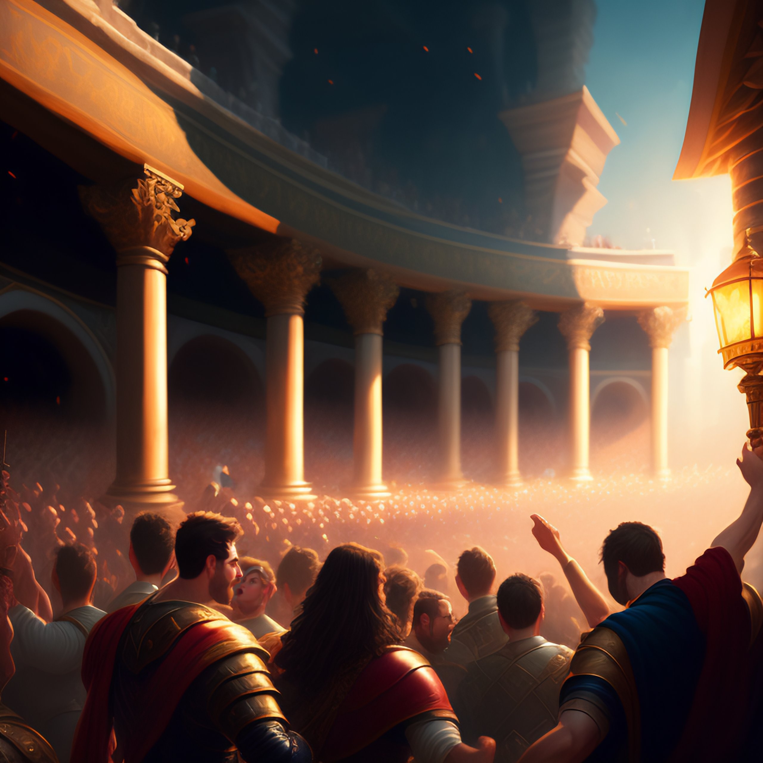 Lexica - Drunken cheering crowd in coliseum, low angle, medieval, high ...