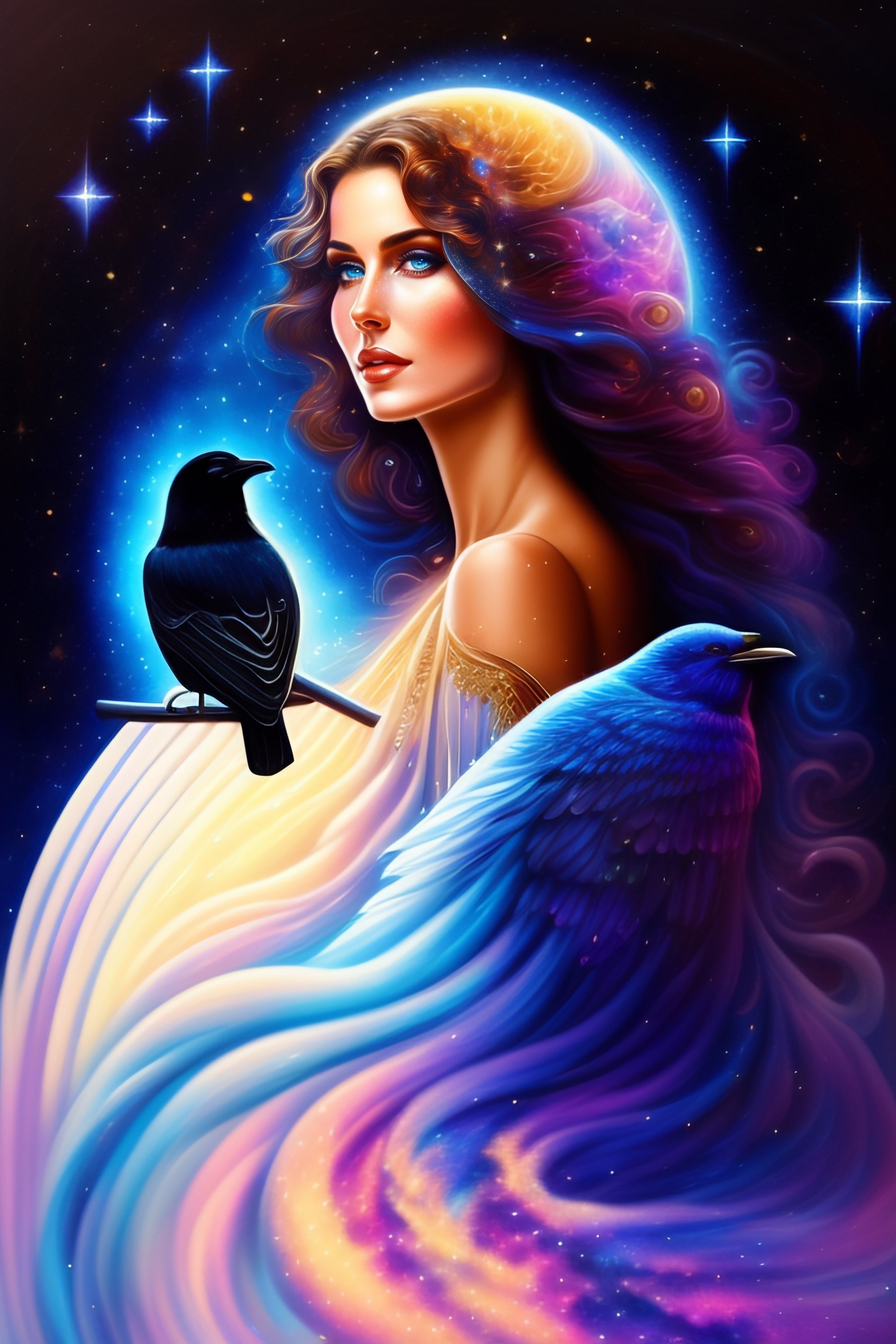 Lexica - Celestial beautiful woman with a raven, star dust in the air