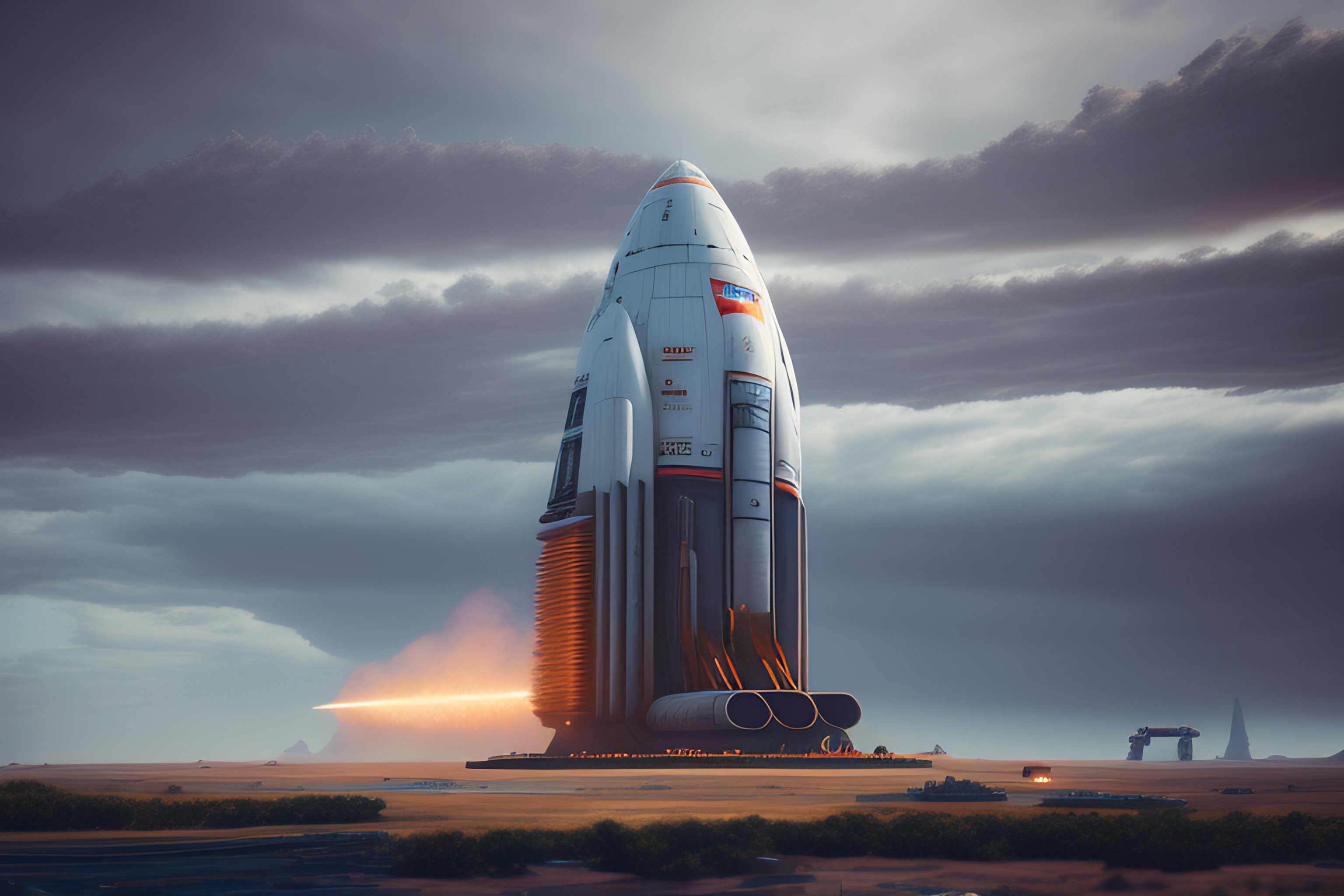 Lexica - Giant scifi space rocket, fired from launch platform, exhaust engine fire, landscape ...