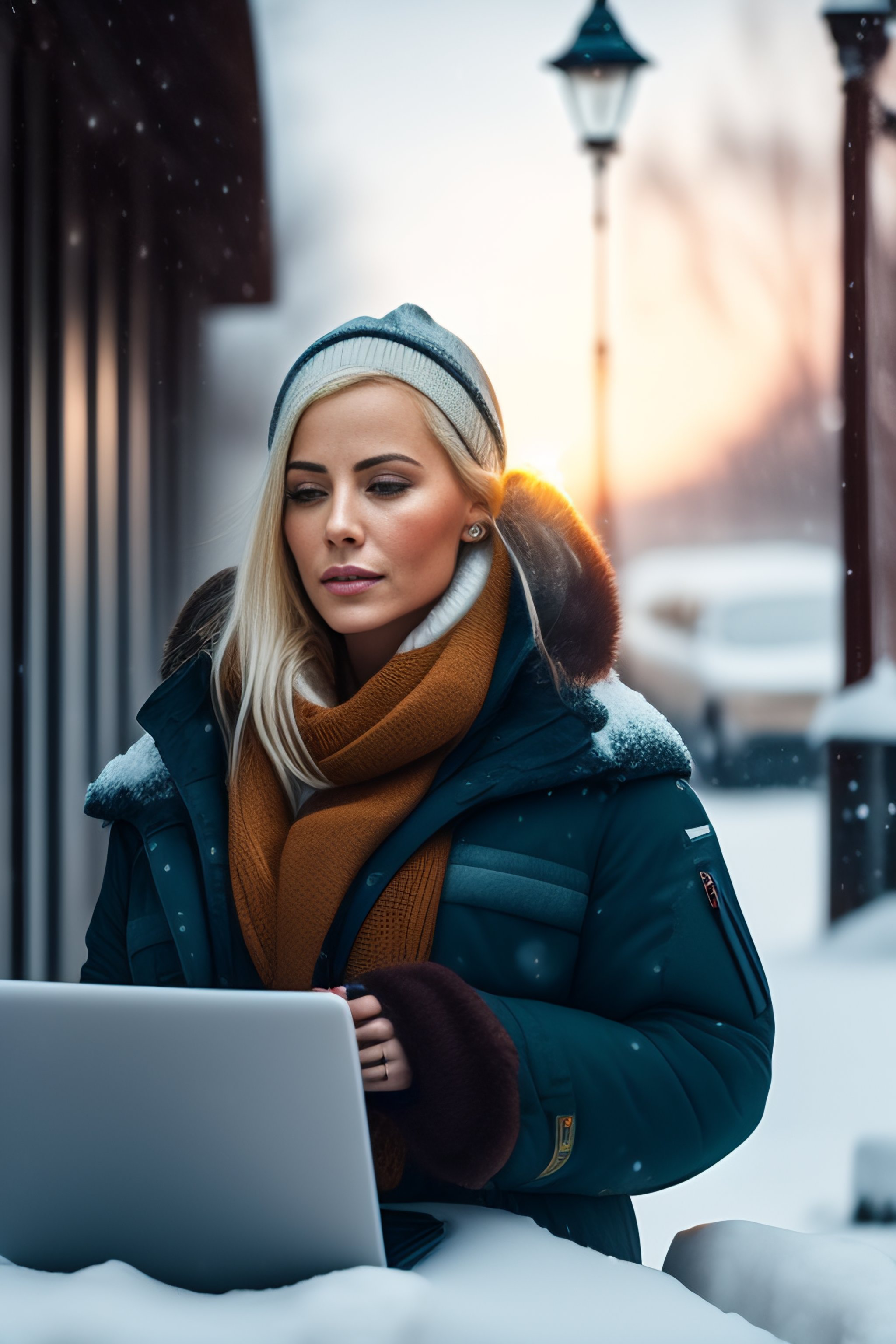 Lexica - Hipster desginer, blond, working on laptop in snow, outside, woman