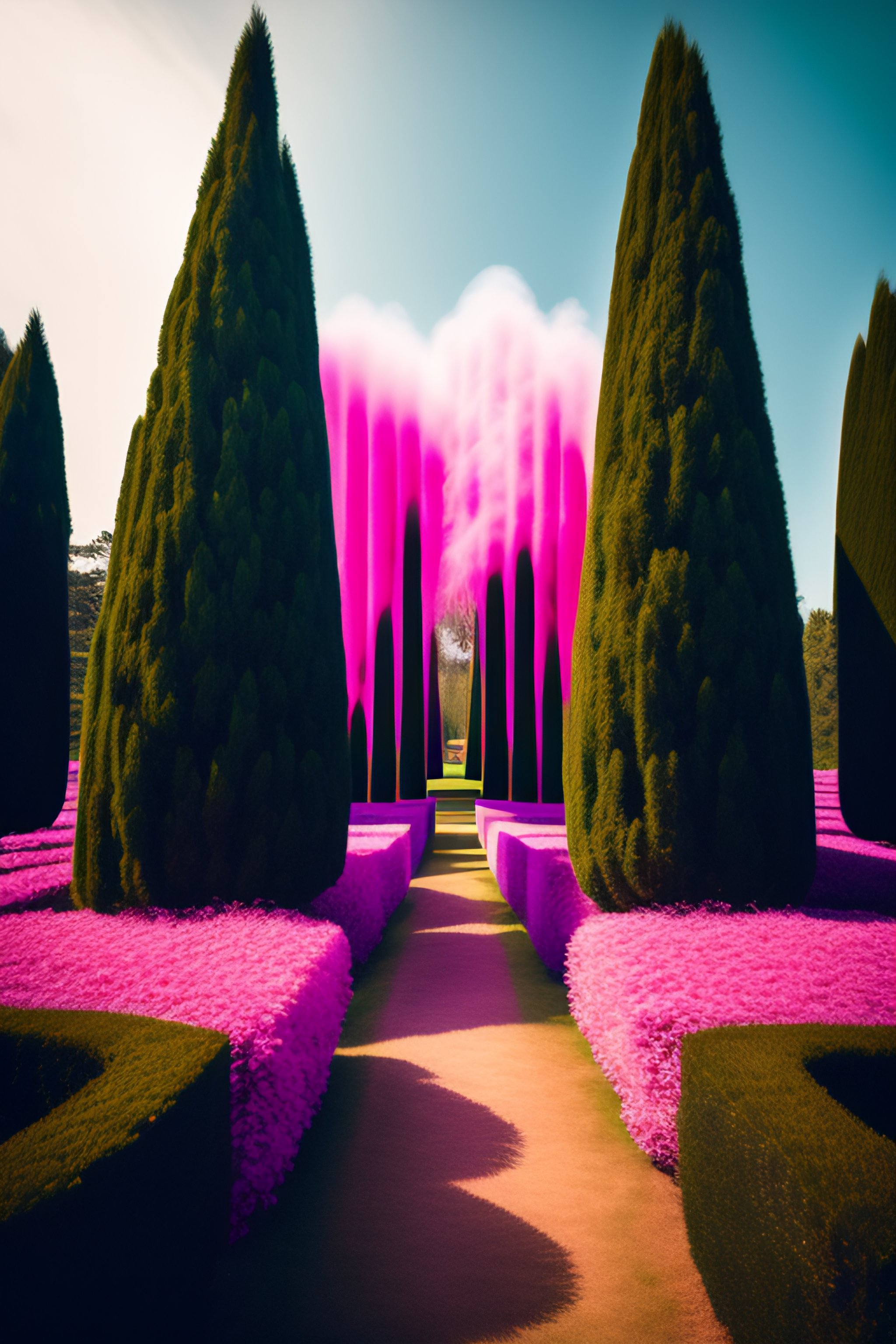 Lexica - Tall hedge maze, pink smoke, geometric, minimal, vintage, scary