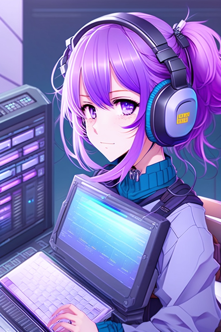 Lexica - Anime girl with purple hair, programming a modular synthesizer ...