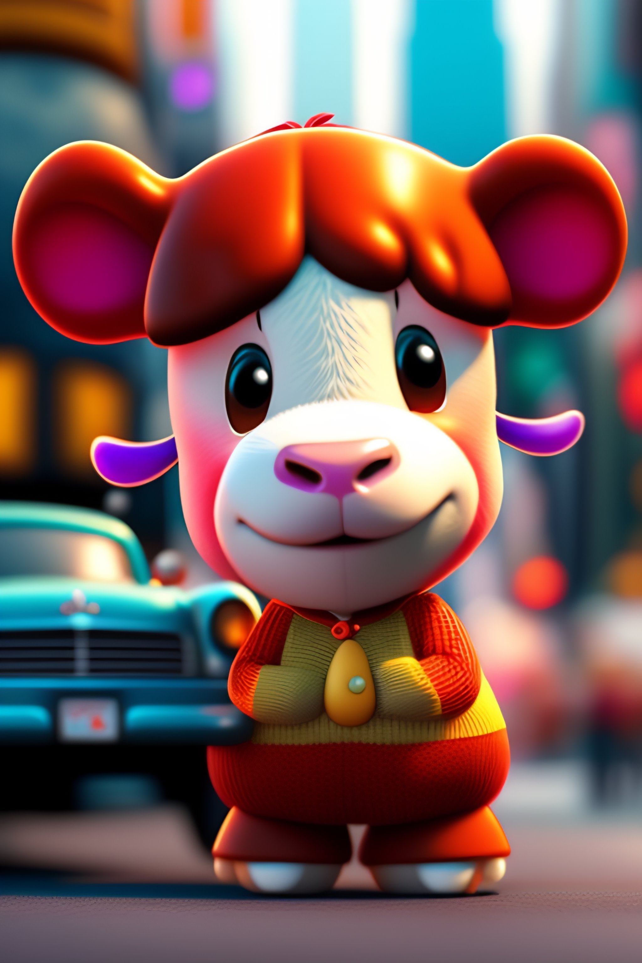 Lexica - Una niña, stuffed cow, sonrisa, times square, Looney Tunes style