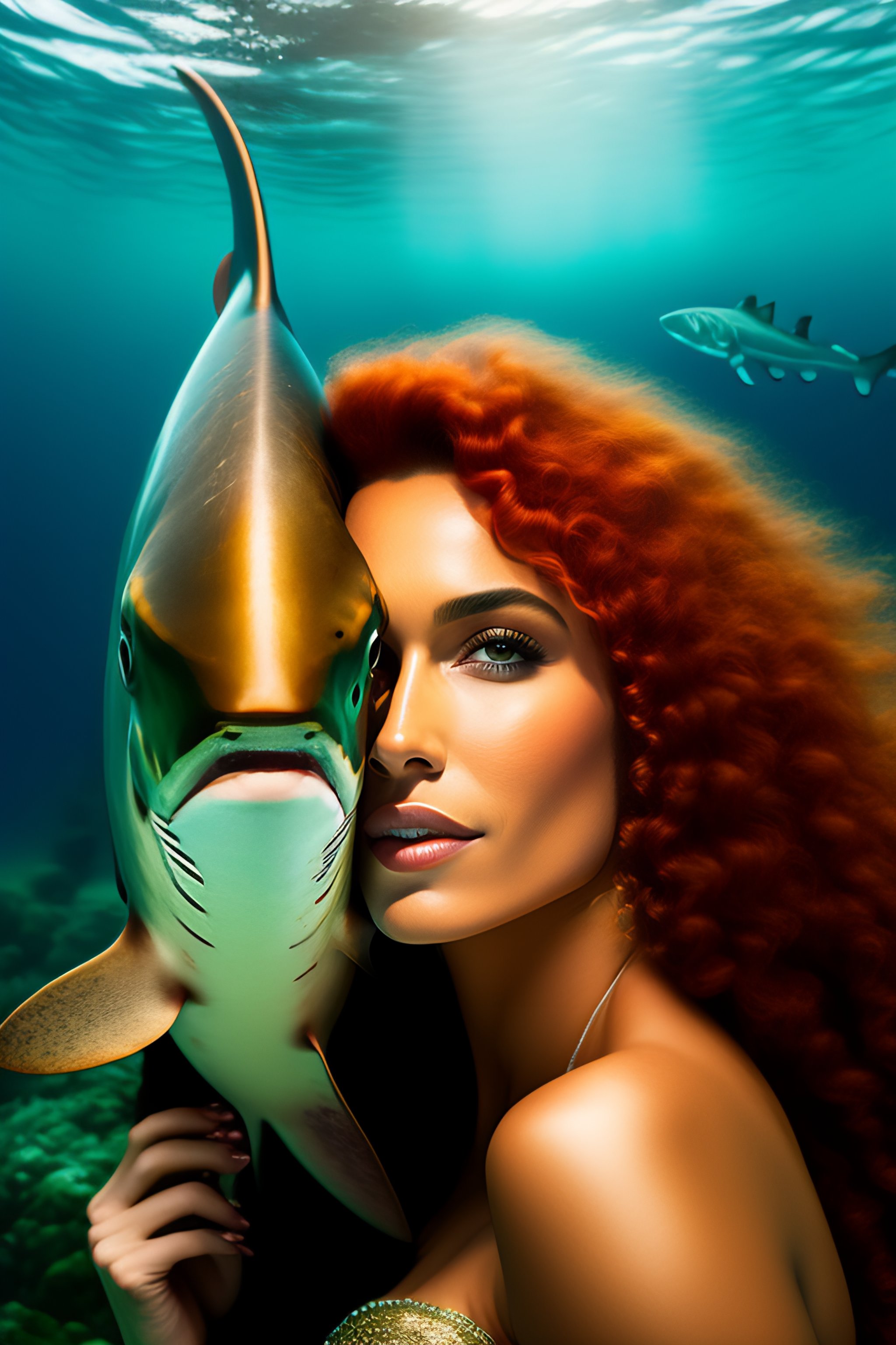 Lexica - Portrait of a latin mermaid with curly red hair, brown eyes ...