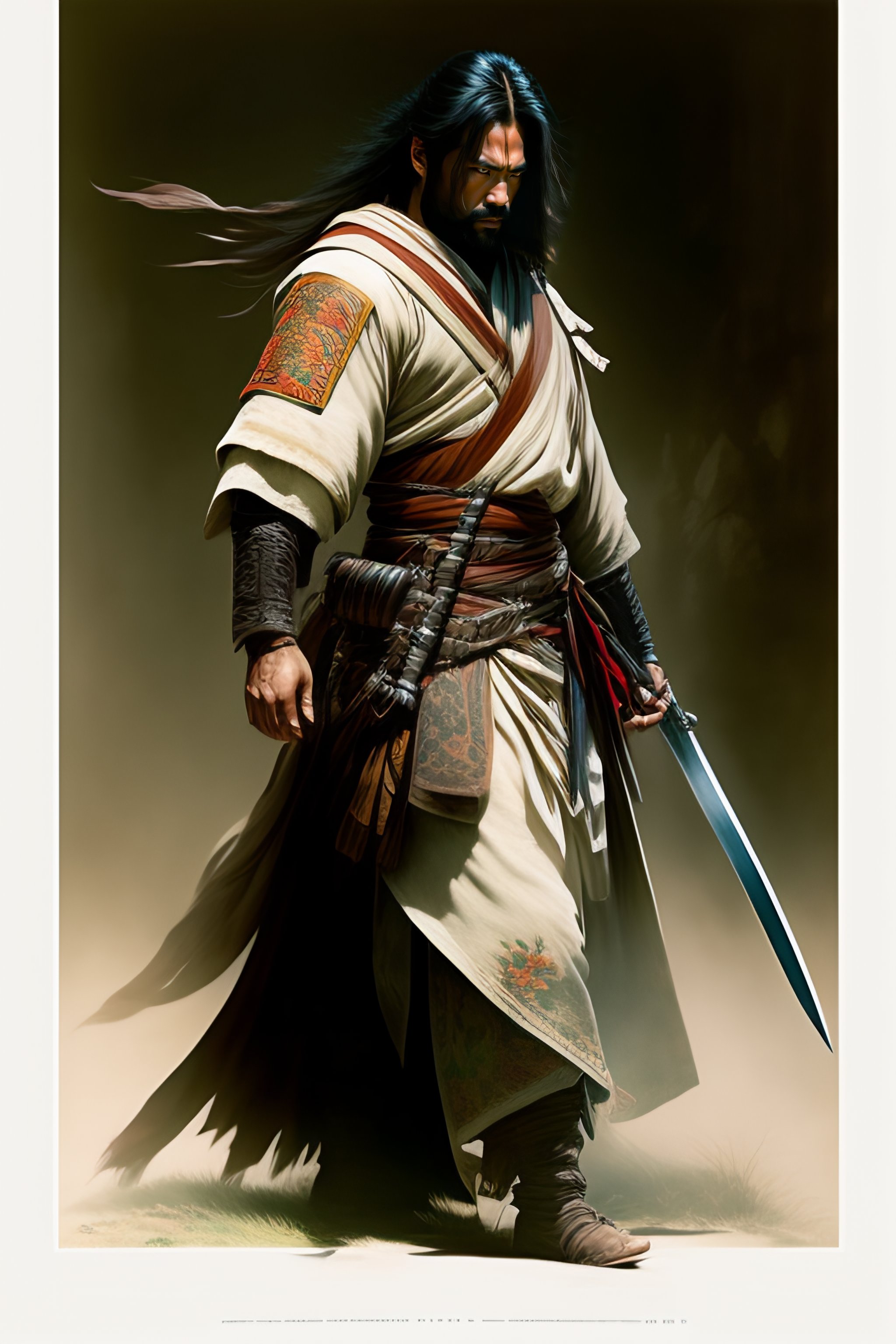 Lexica - One-armed ronin, shabby clothes, thick long hair, dangling ...