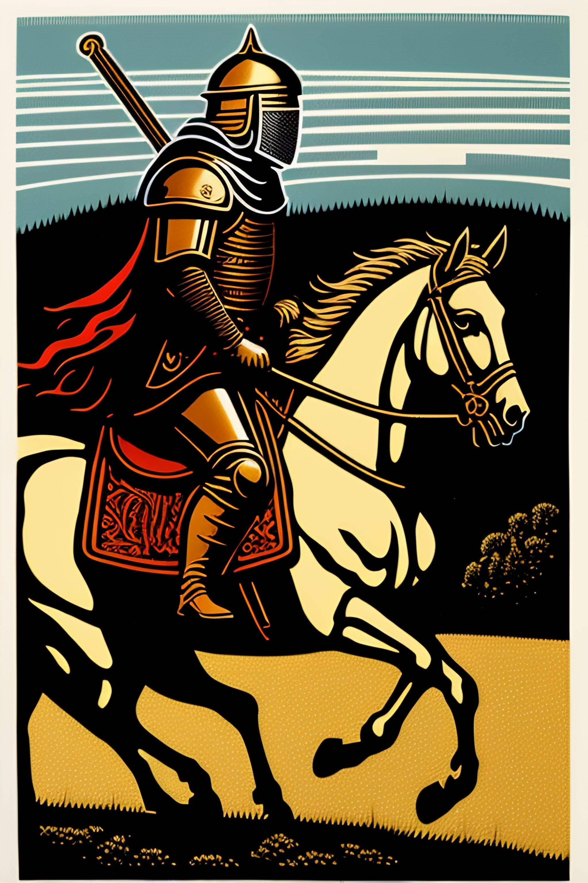 Lexica - Linocut, medieval knight, sacred paladin, riding a horse