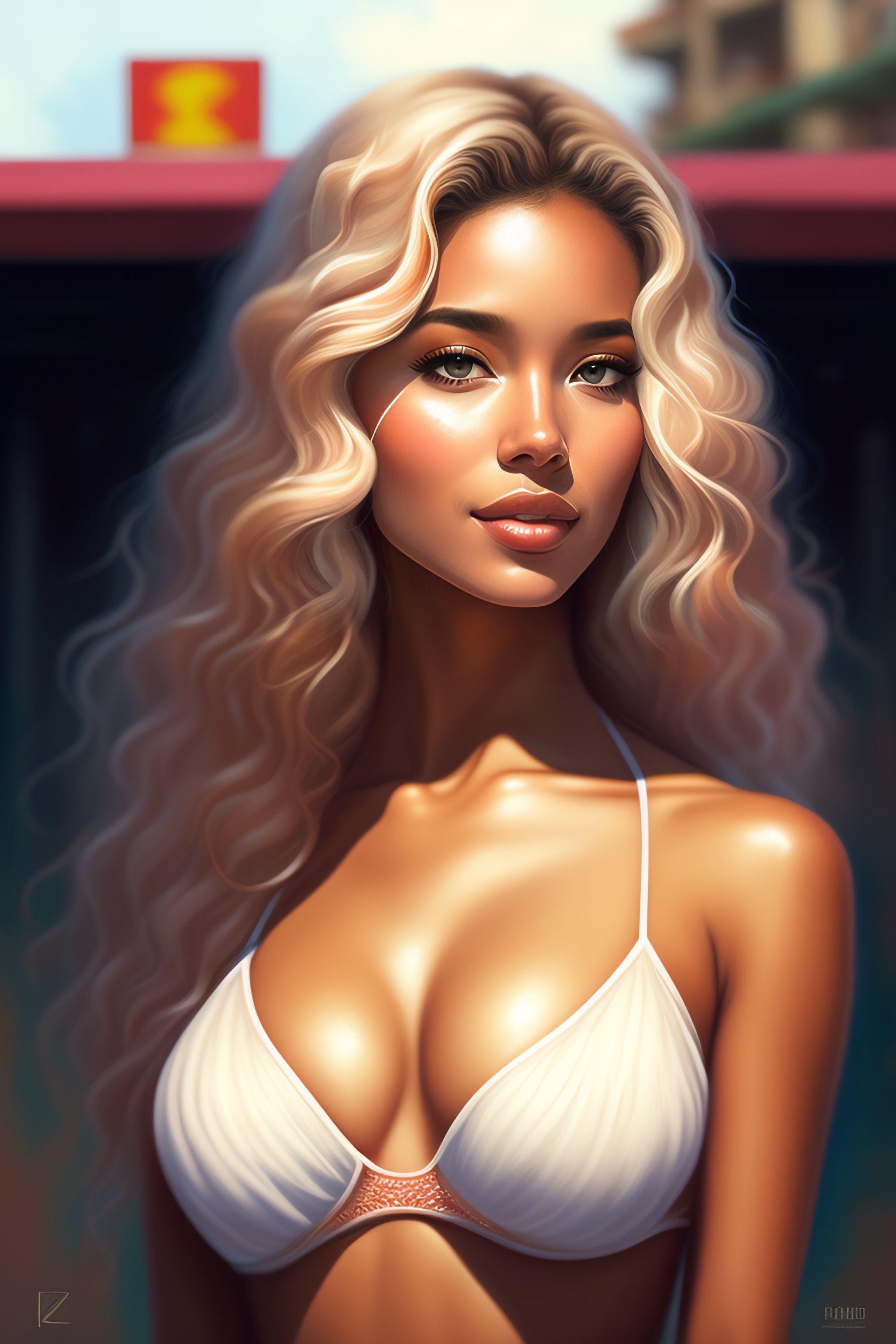 Lexica - Elegant brazilian twin woman blonde curly hair wearing bikini in favela do brazil, cute ...