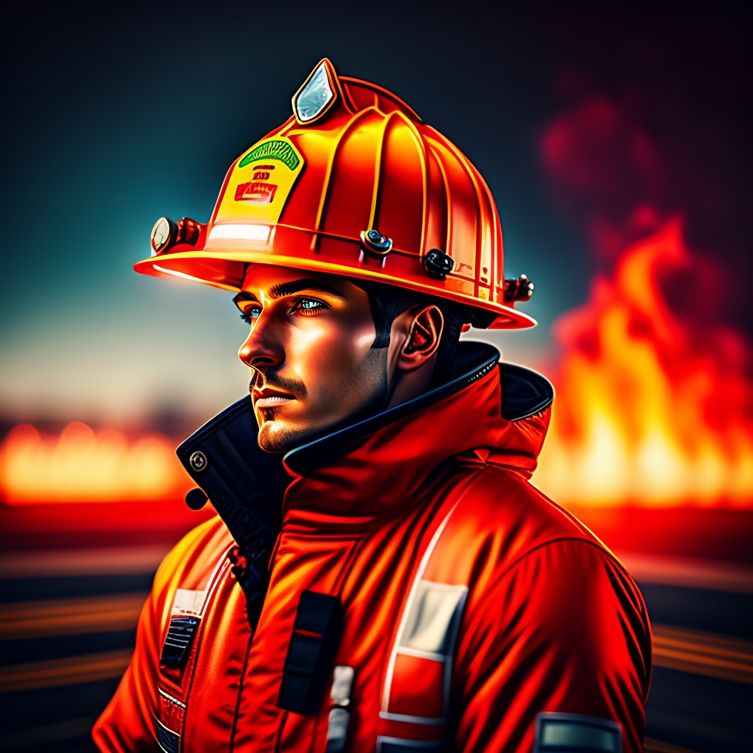 Lexica - Firefighter, 30 years old, handsome, wear fire suit and fire ...