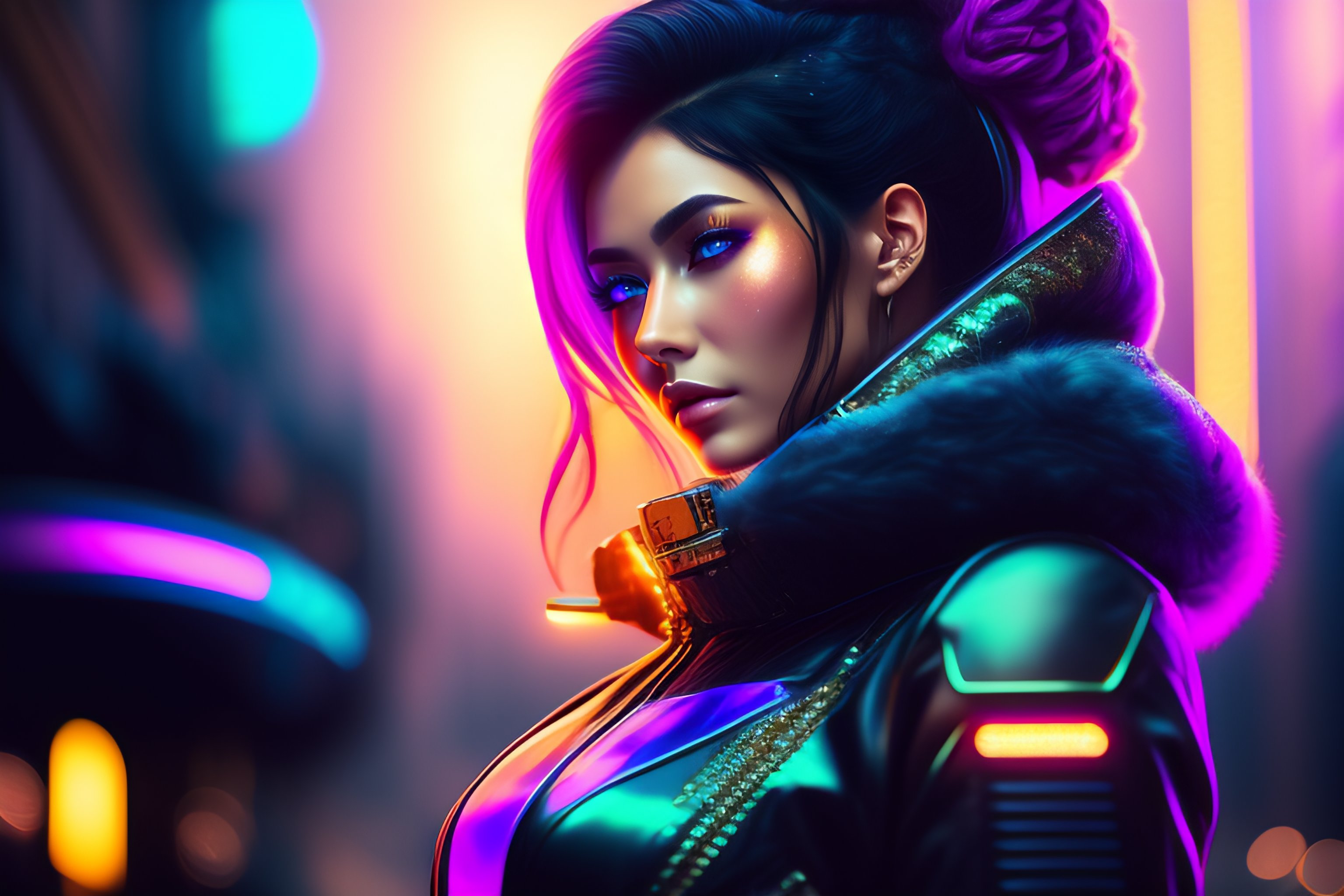 Lexica - Beautiful sci-fi girl from future wearing furry coat pink blue ...