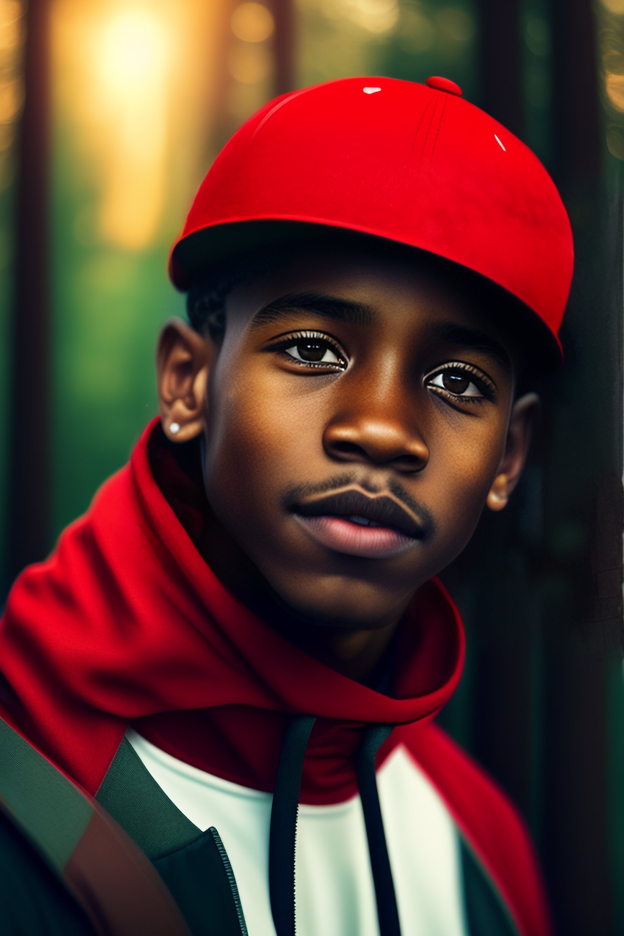 Lexica - Portrait, without a leg, black boy, red cap, forest, realistic