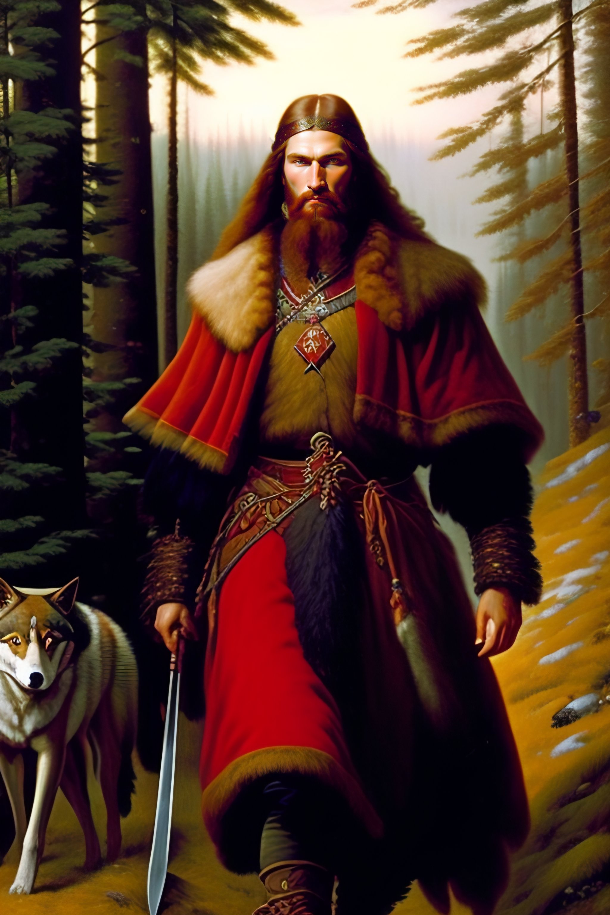 Lexica - Warrior red head man, with wolves, black haired woman, woolen ...