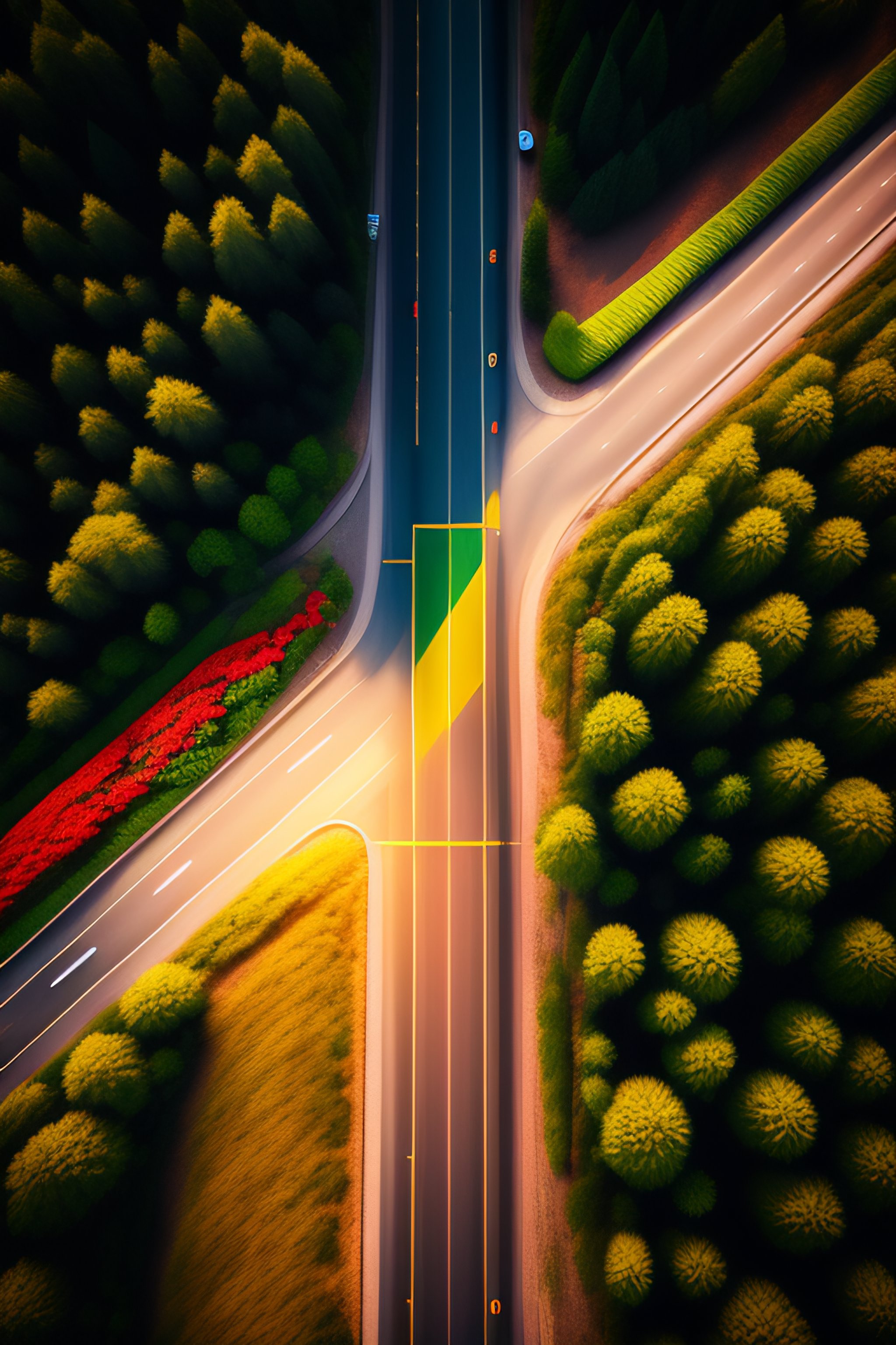 Lexica - Traffic light seen from above on an old road
