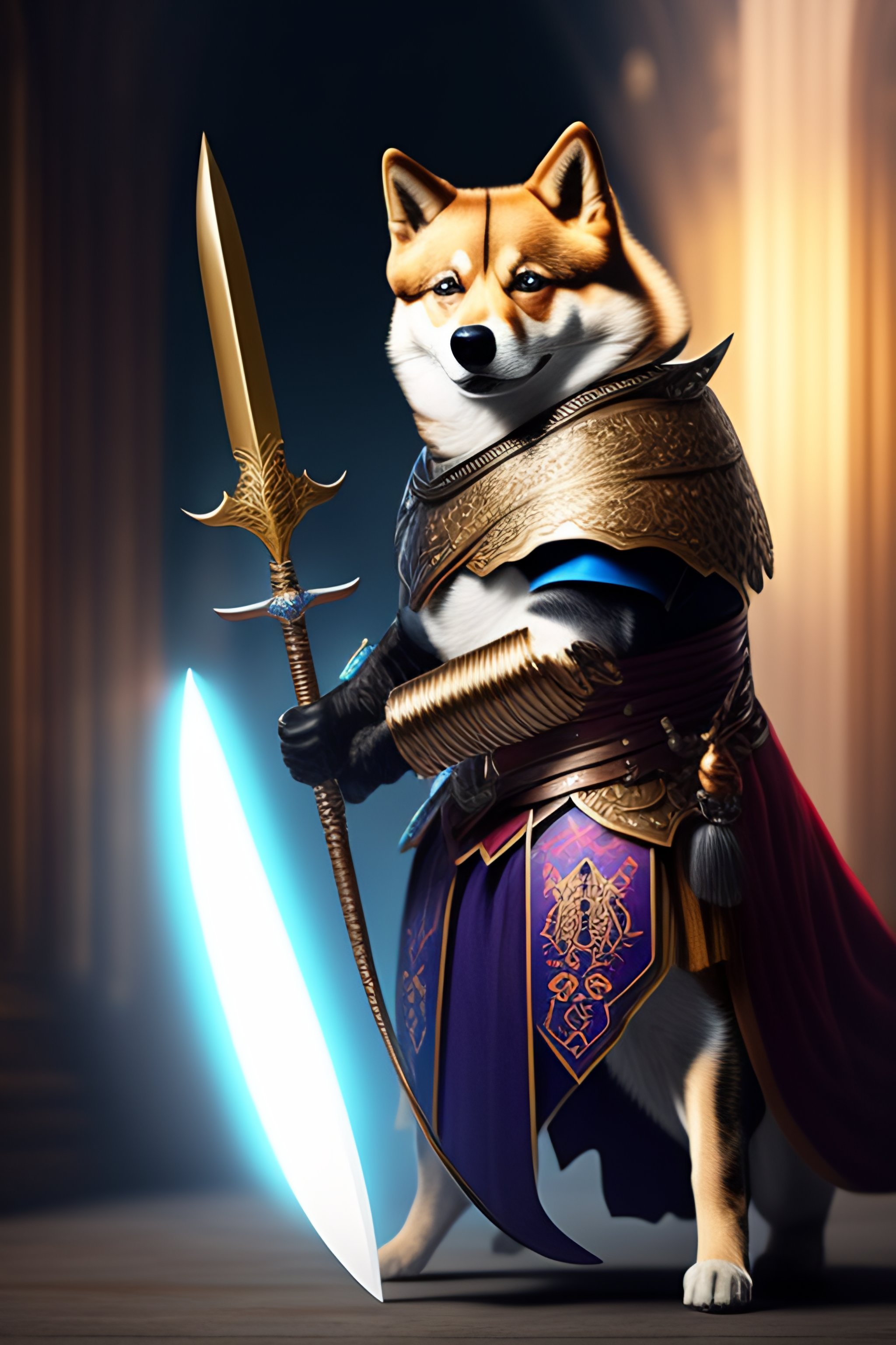 Lexica - A Doge Warrior holding a magic sword.