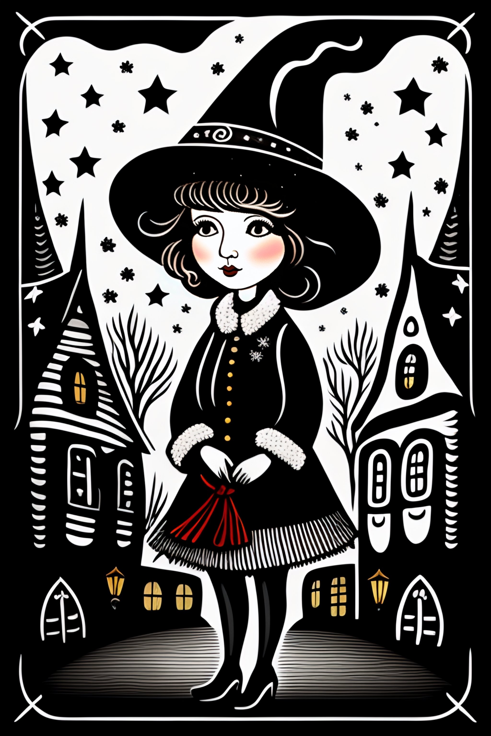 Lexica - A little tired witch in a hat sits on a broomstick and flies ...