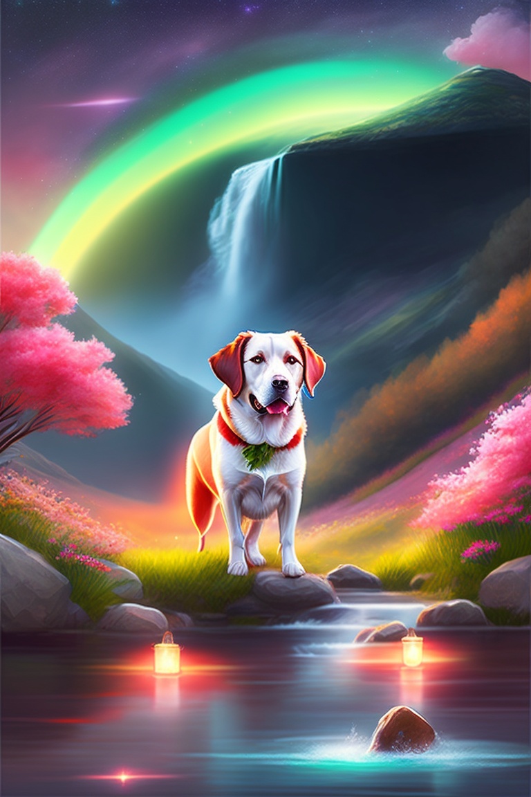 Lexica - Labrador having glowing wings, greenary, mountain having water ...