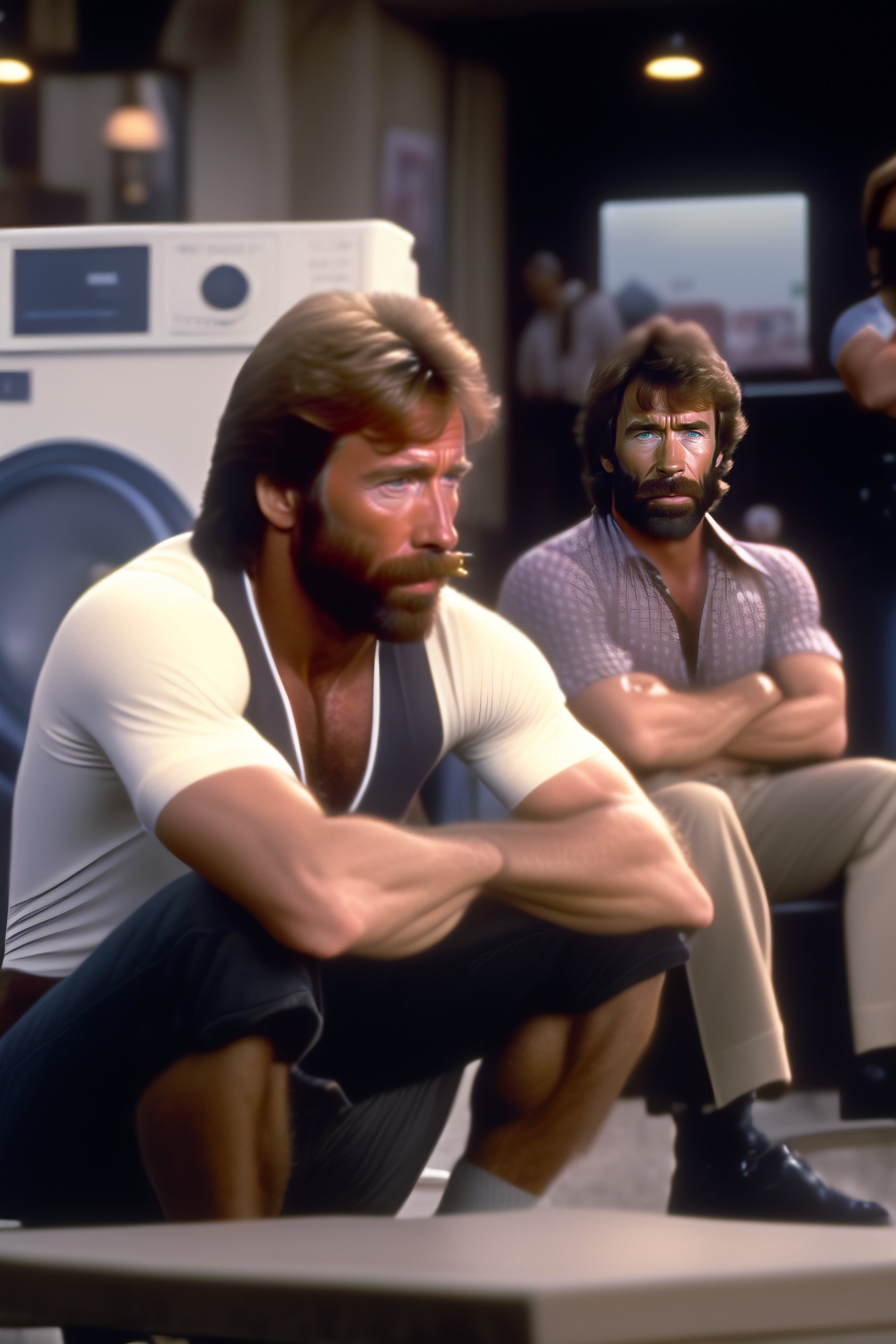Lexica - Chuck norris is sitting on a bench in a washing salon in 1981 ...