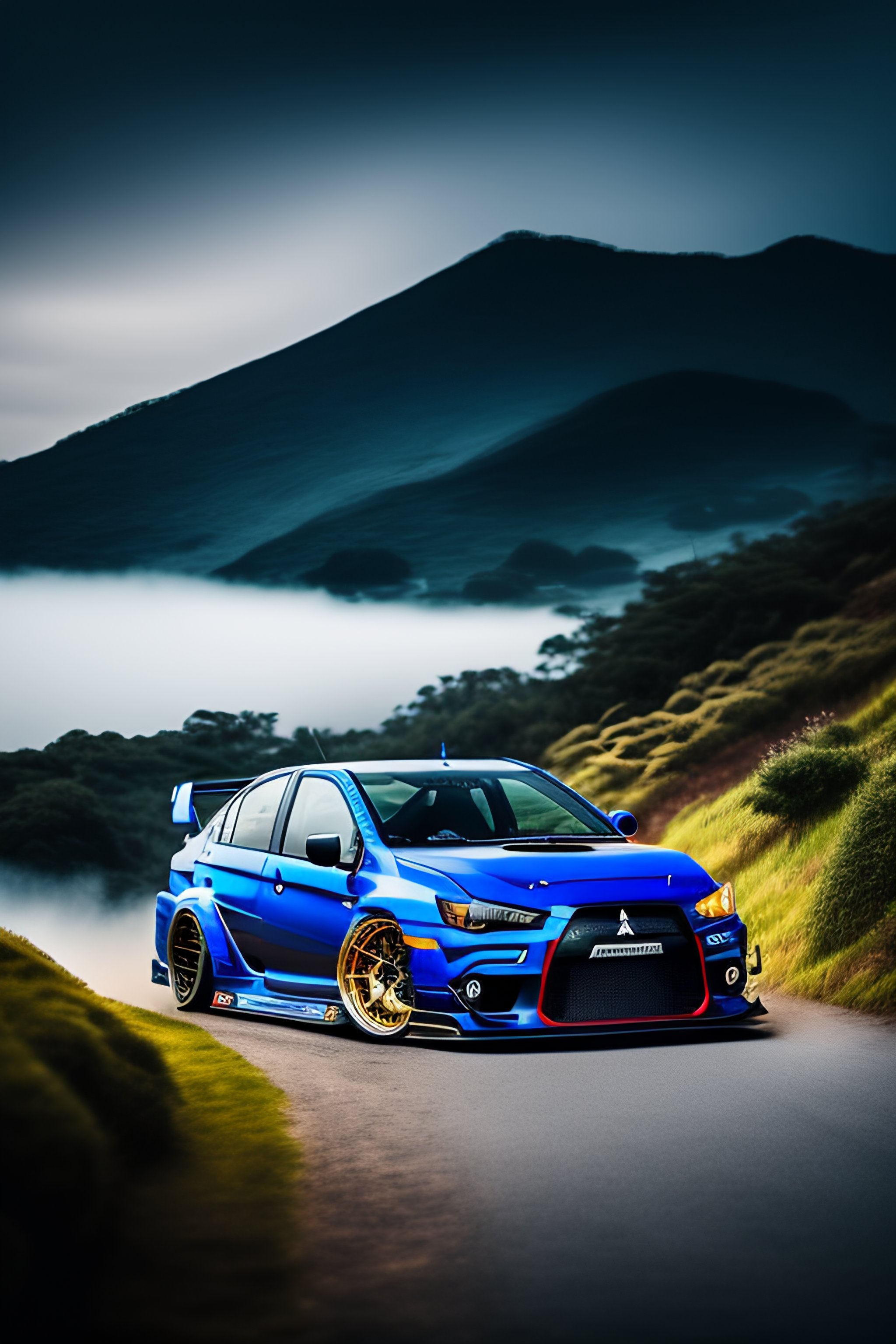 Lexica - Wide angle photo of mitsubishi lancer evolution 10 dark blue ...