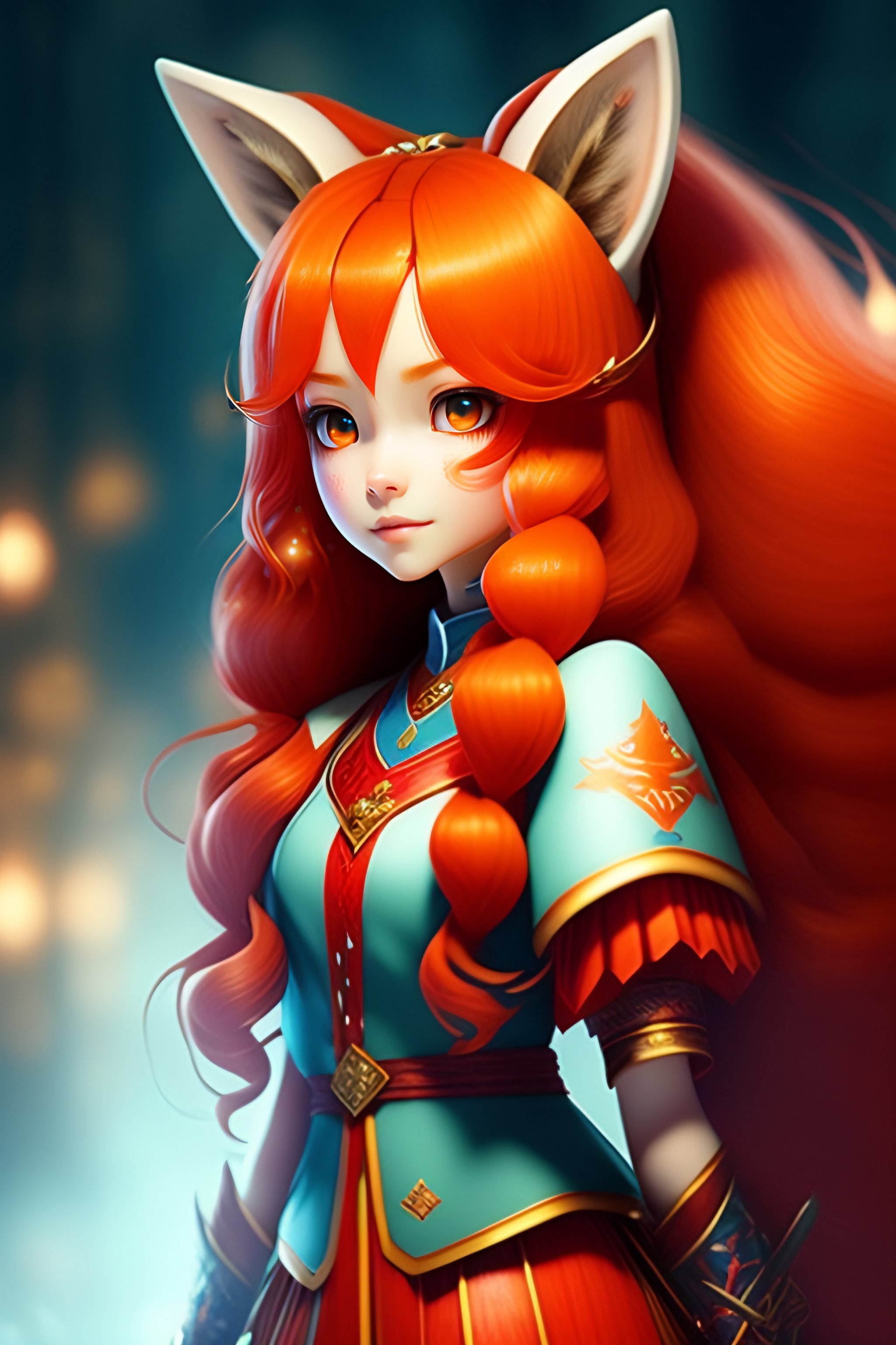 Lexica - Long fiery red hair, dressed as a light blue Miko, with ...