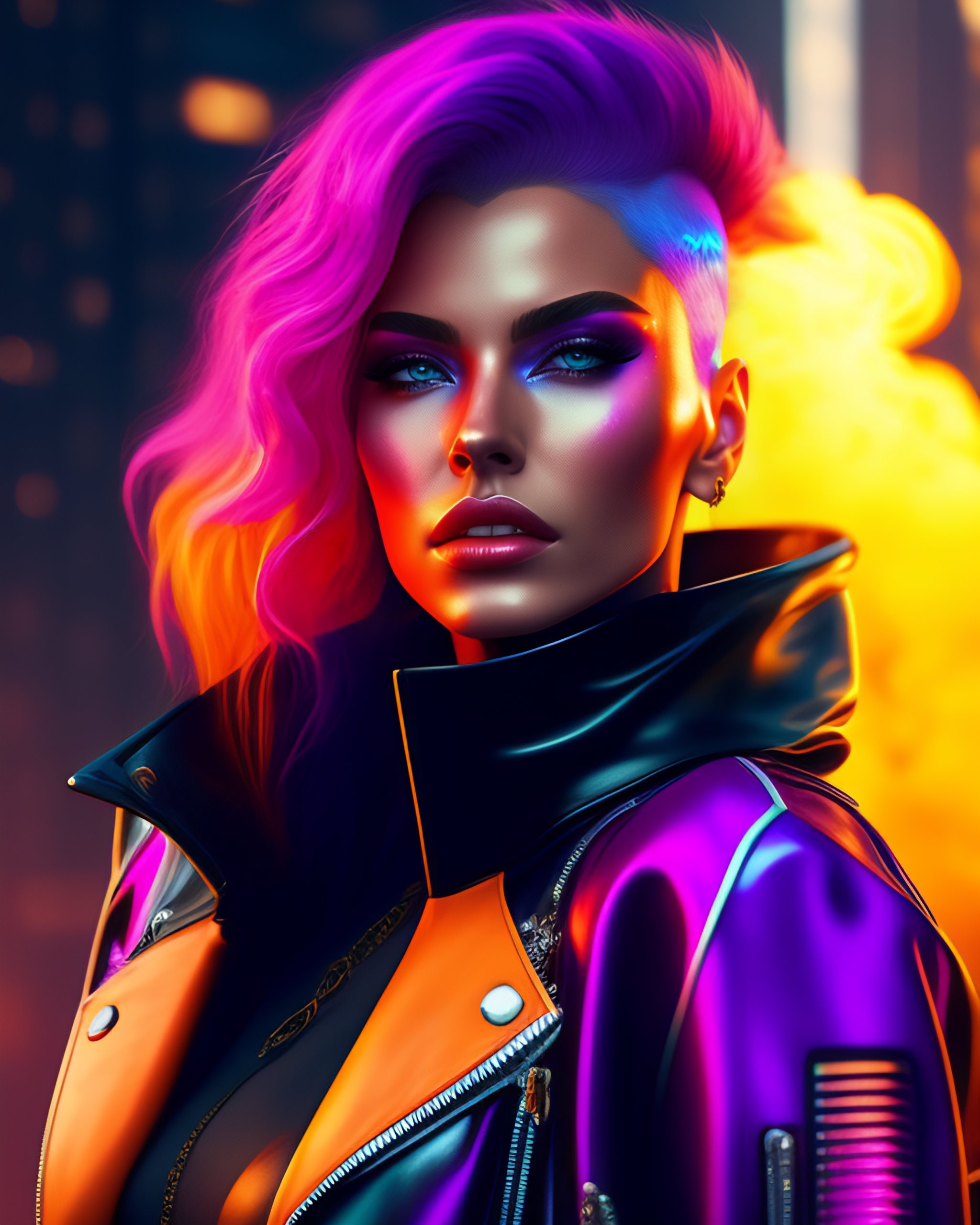 Lexica - Stunning cyber punk woman with colorful hair in a leather ...