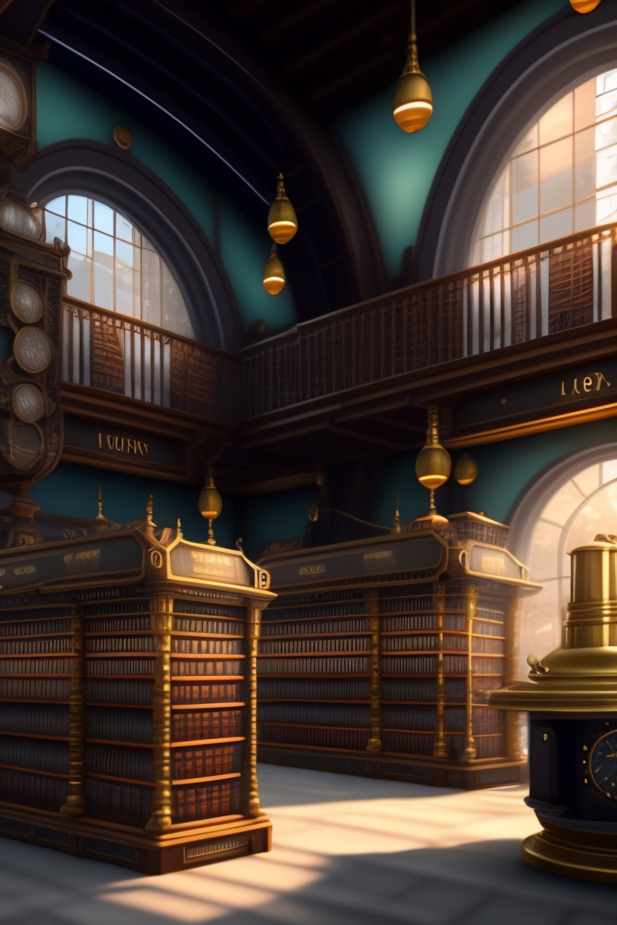 Lexica - A digital illustration of a steampunk library with clockwork ...