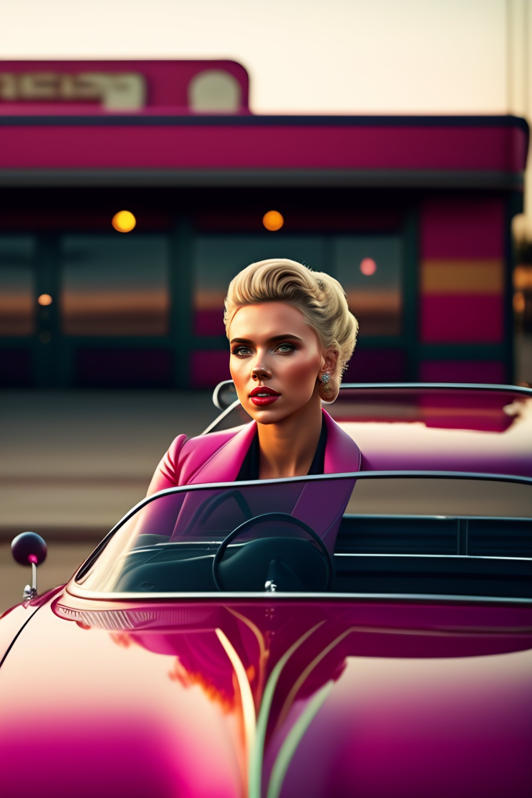 Lexica Scarlett Johansson Sitting On Pink Vintage Porche Infront Of A